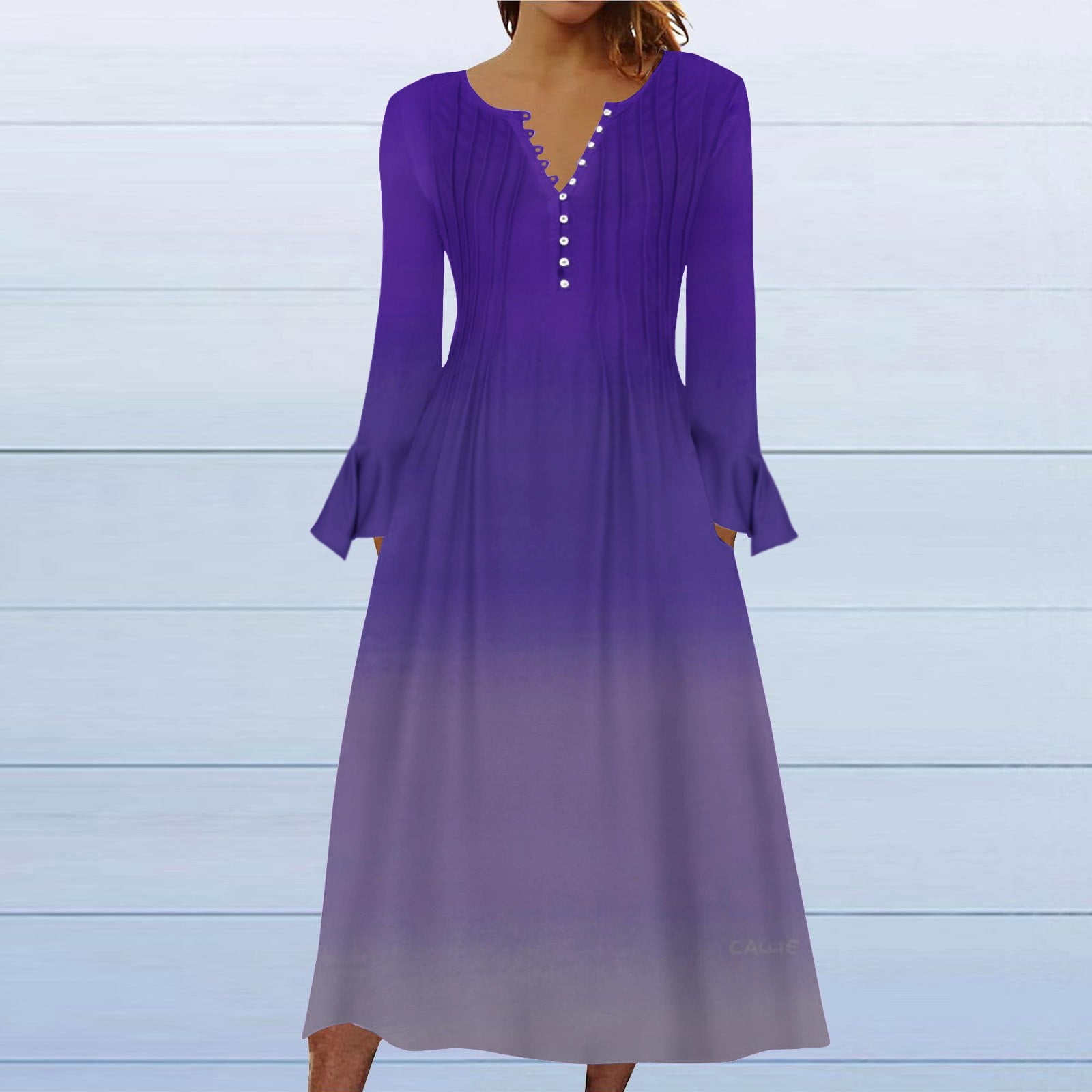 Cavosen Long Sleeve Maxi Dress Women Purple Bell Sleeve A-Line Dress Waisted V-Neck Calf Length ...