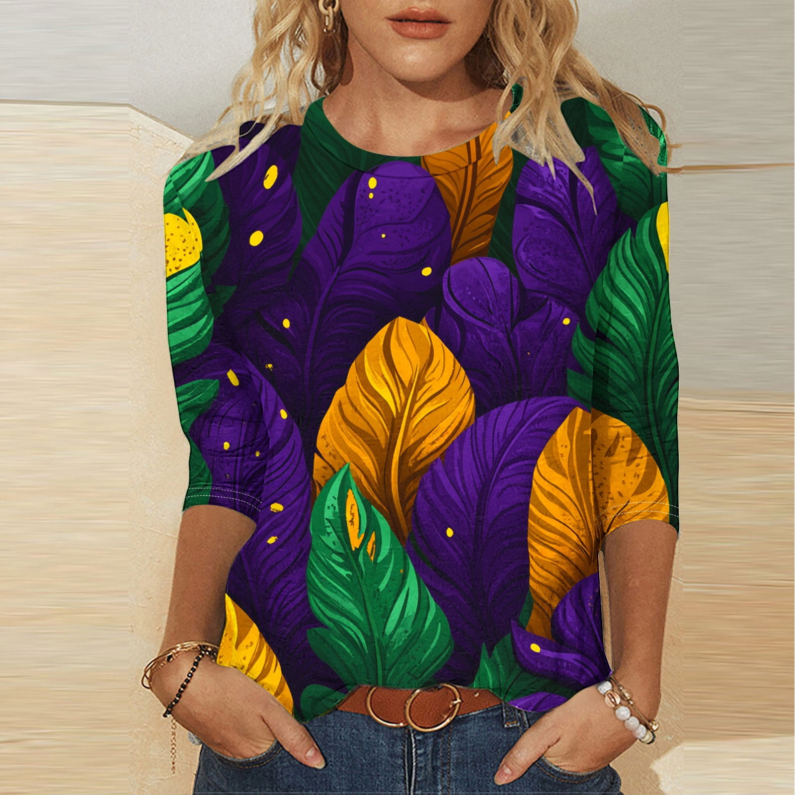 Cavosen Mardi Gras Ladies 3/4 Sleeve Tops Festival Carnival Round Neck ...