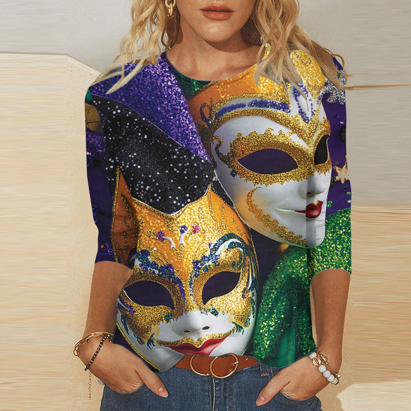 Cavosen Mardi Gras Tops for Women 3/4 Sleeve Round Neck Shirts Festival ...