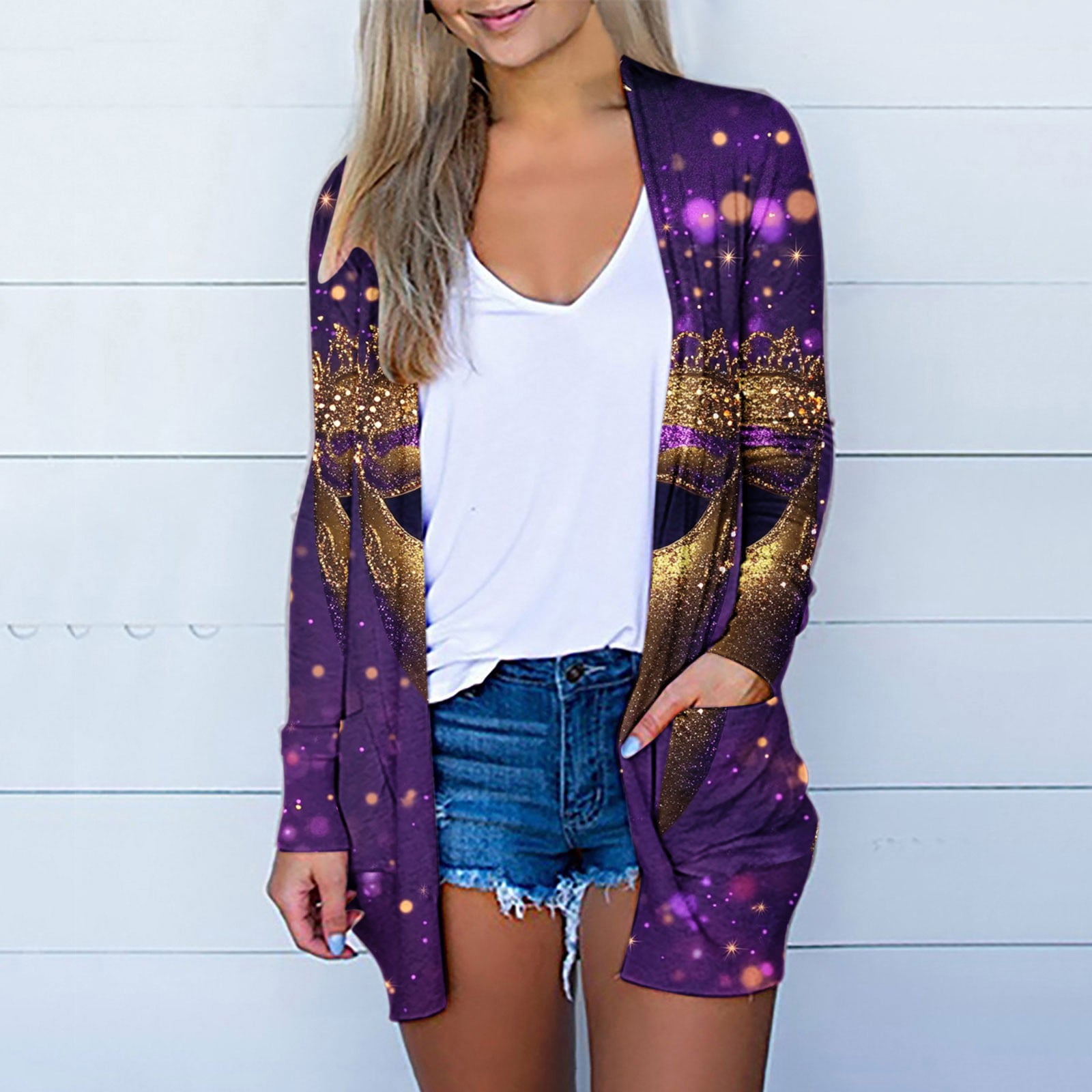 Cavosen Mardi Gras Women Cardigan Open Front with Pocket Duster Mask ...