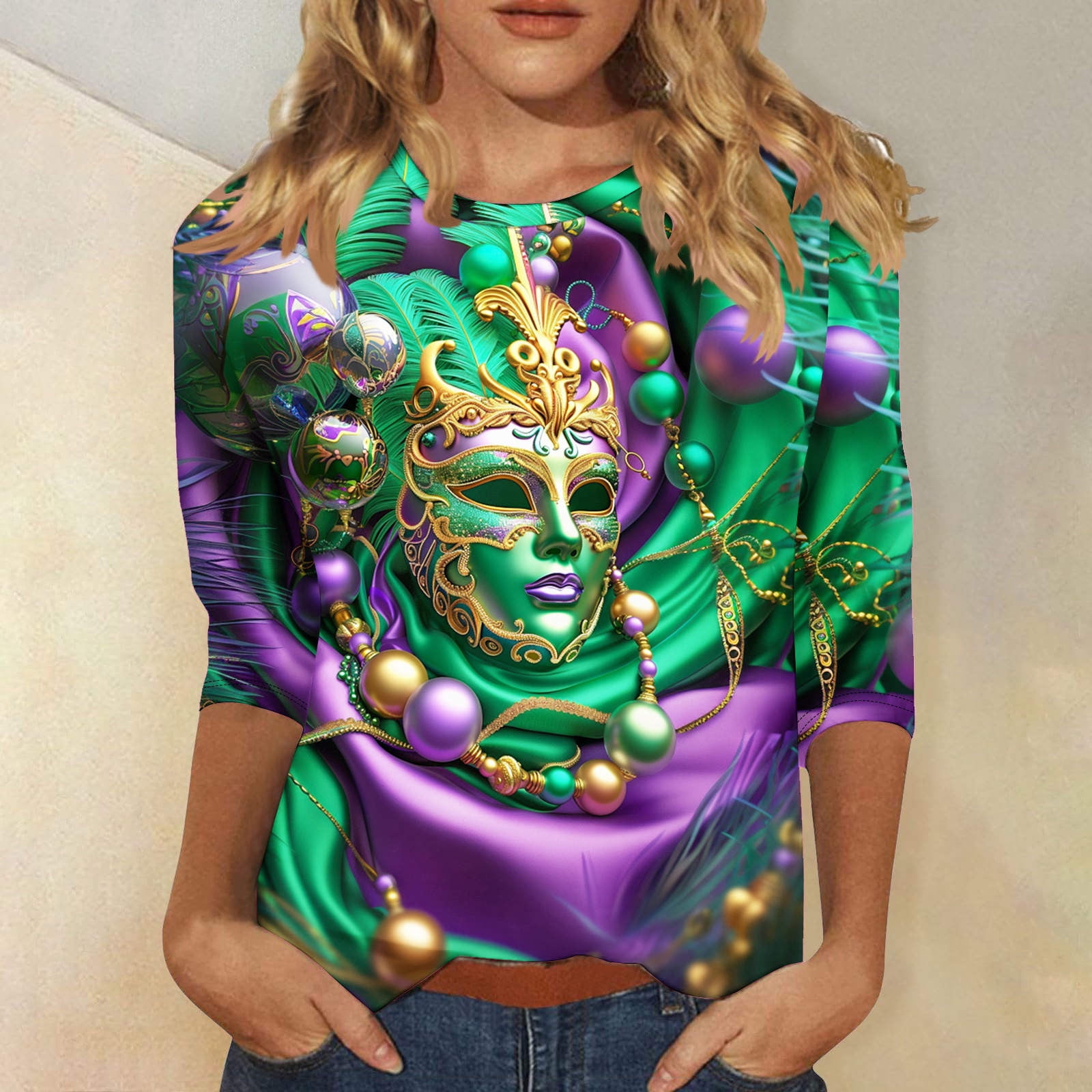 Cavosen Mardi Gras Women's Blouses 3/4 Sleeve Tunic Carnival Shiny Mask ...