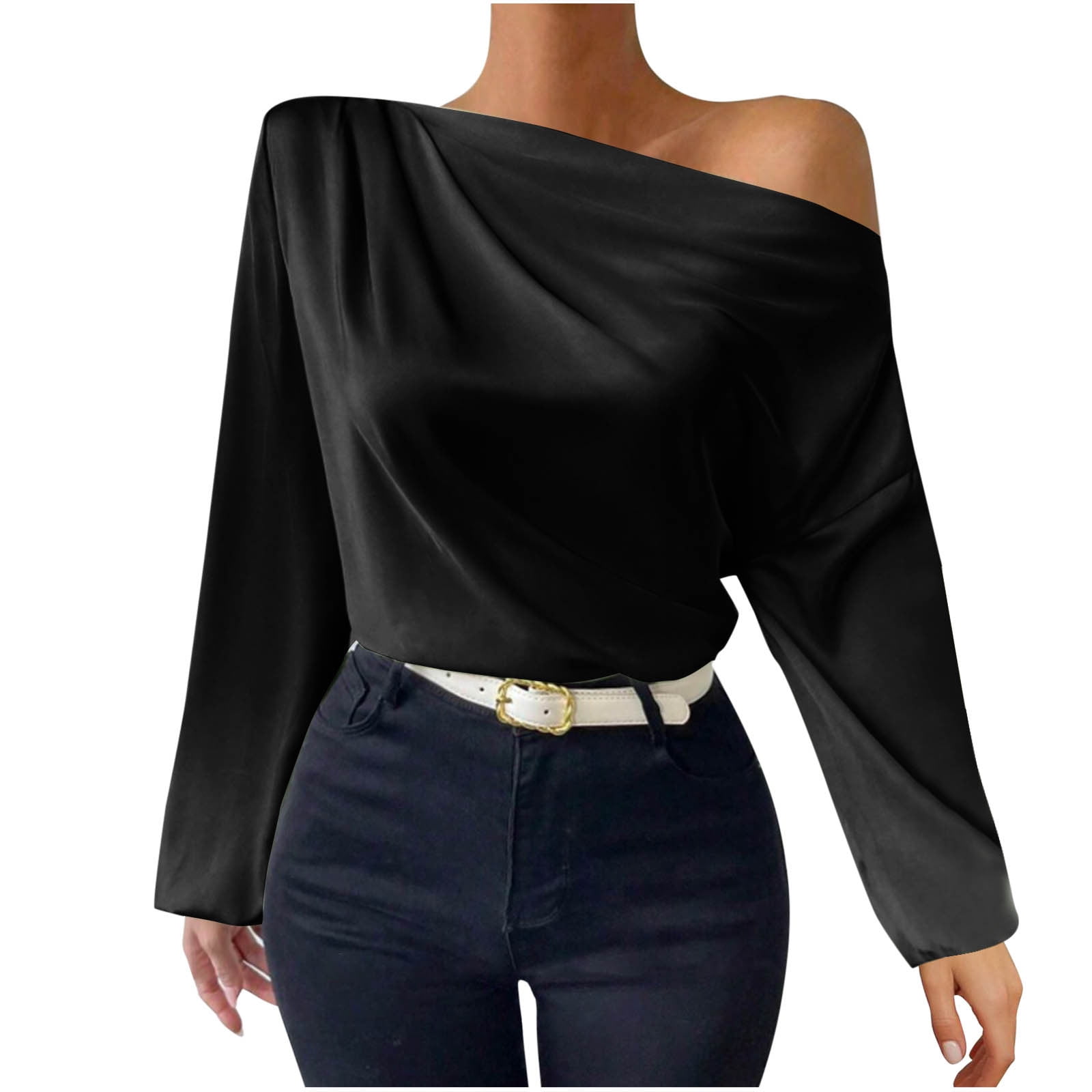 Cavosen One Shoulder Tops for Women Long Sleeve Satin Pullover Blouse ...