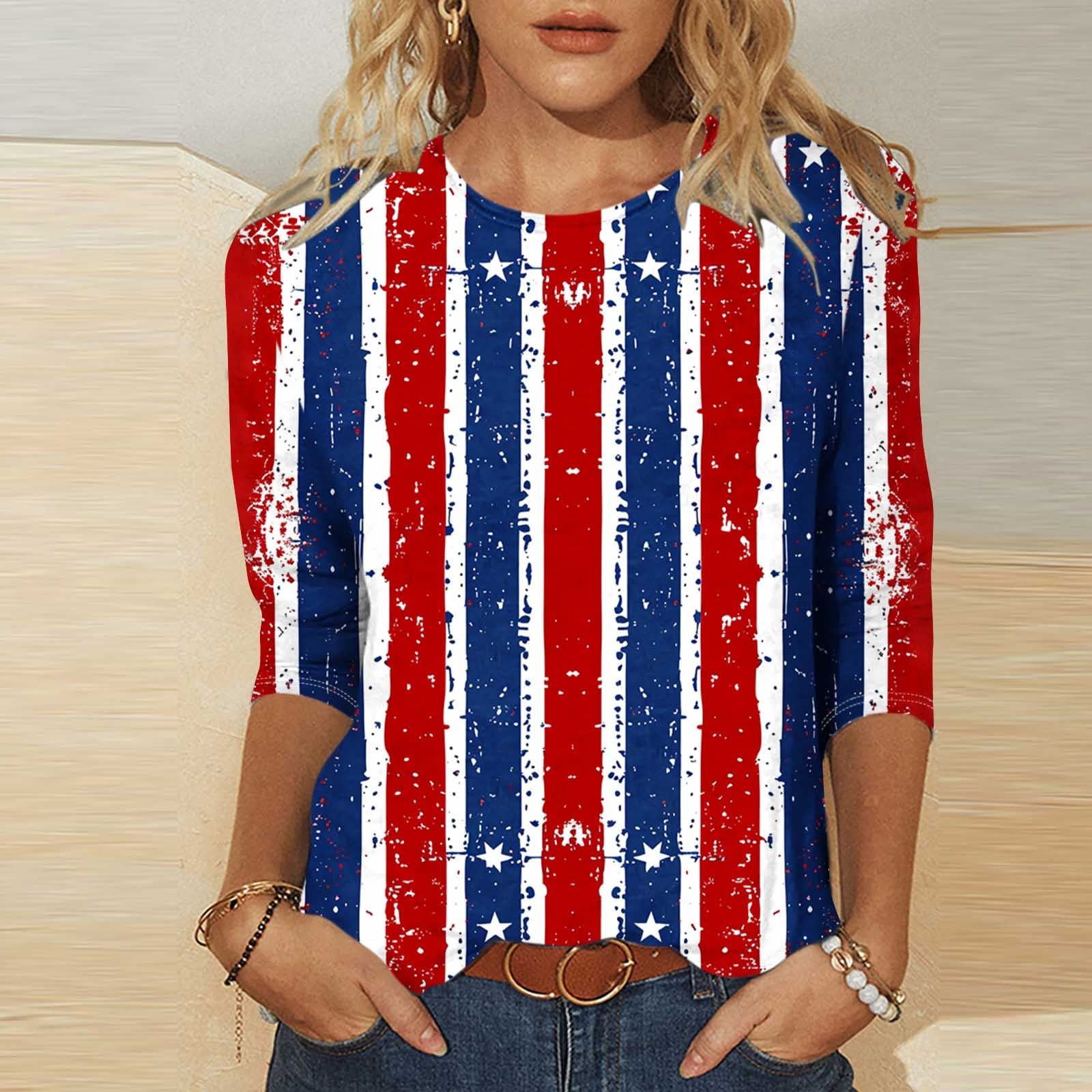 Cavosen Patriotic Clothes for Women Petite Red White and Blue 3/4 ...