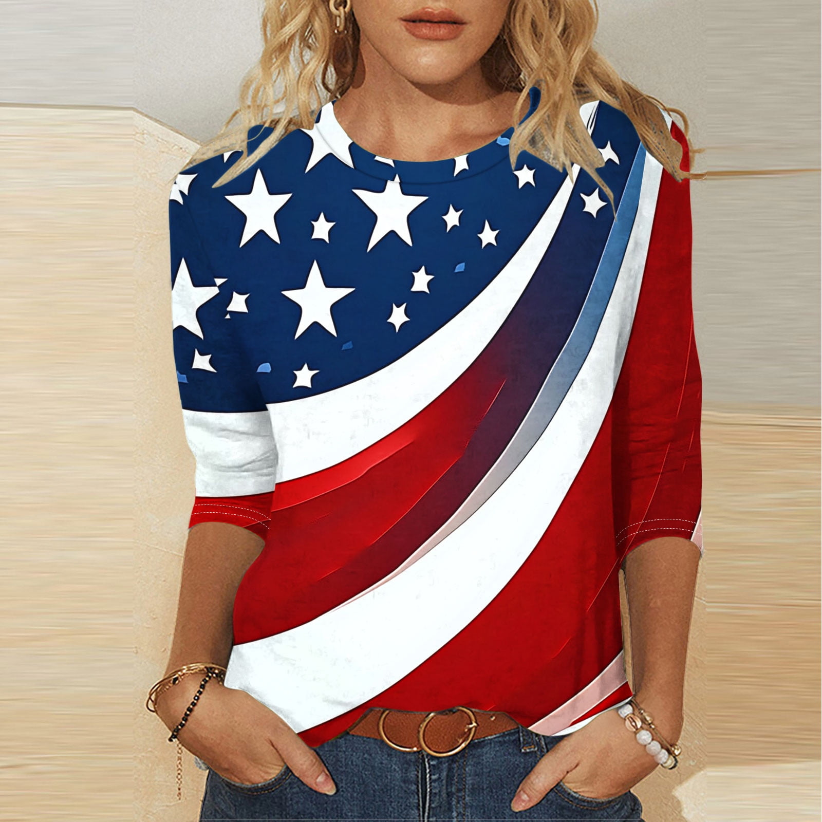 Cavosen Patriotic Shirts for Women Plus Size Patriotic 3/4 Sleeve Round ...