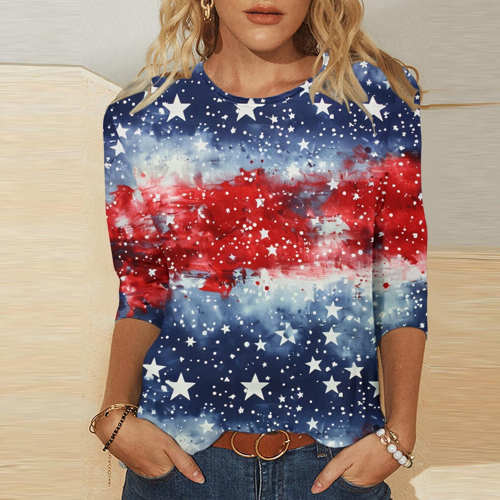 Cavosen Patriotic T Shirts for Women Plus Size Red White and Blue 3/4 ...