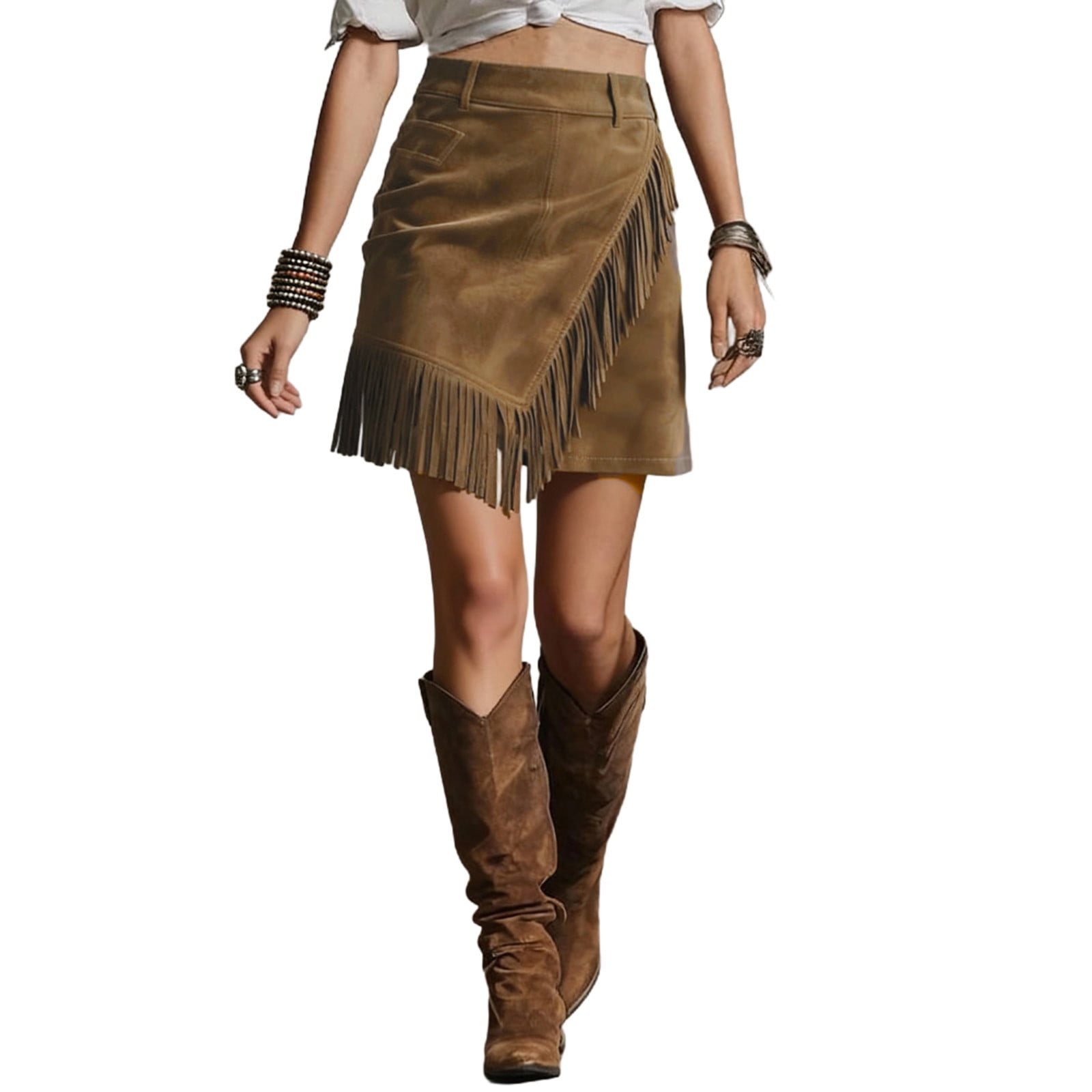 Cavosen Plus Size Skirt Tassel Vintage Loose Solid Elastic Waist ...
