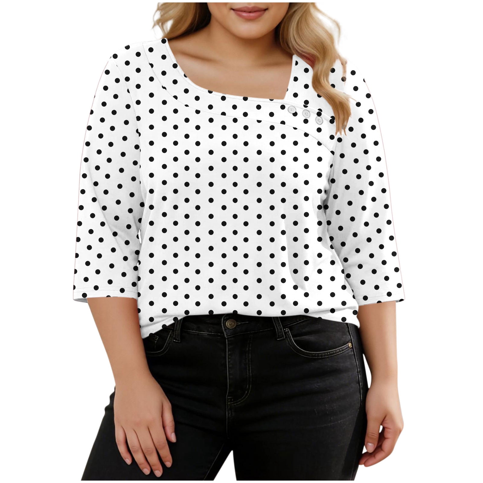 Cavosen Polka Dot Blouse Casual 3/4 Sleeve Off Shoulder Neck Button ...