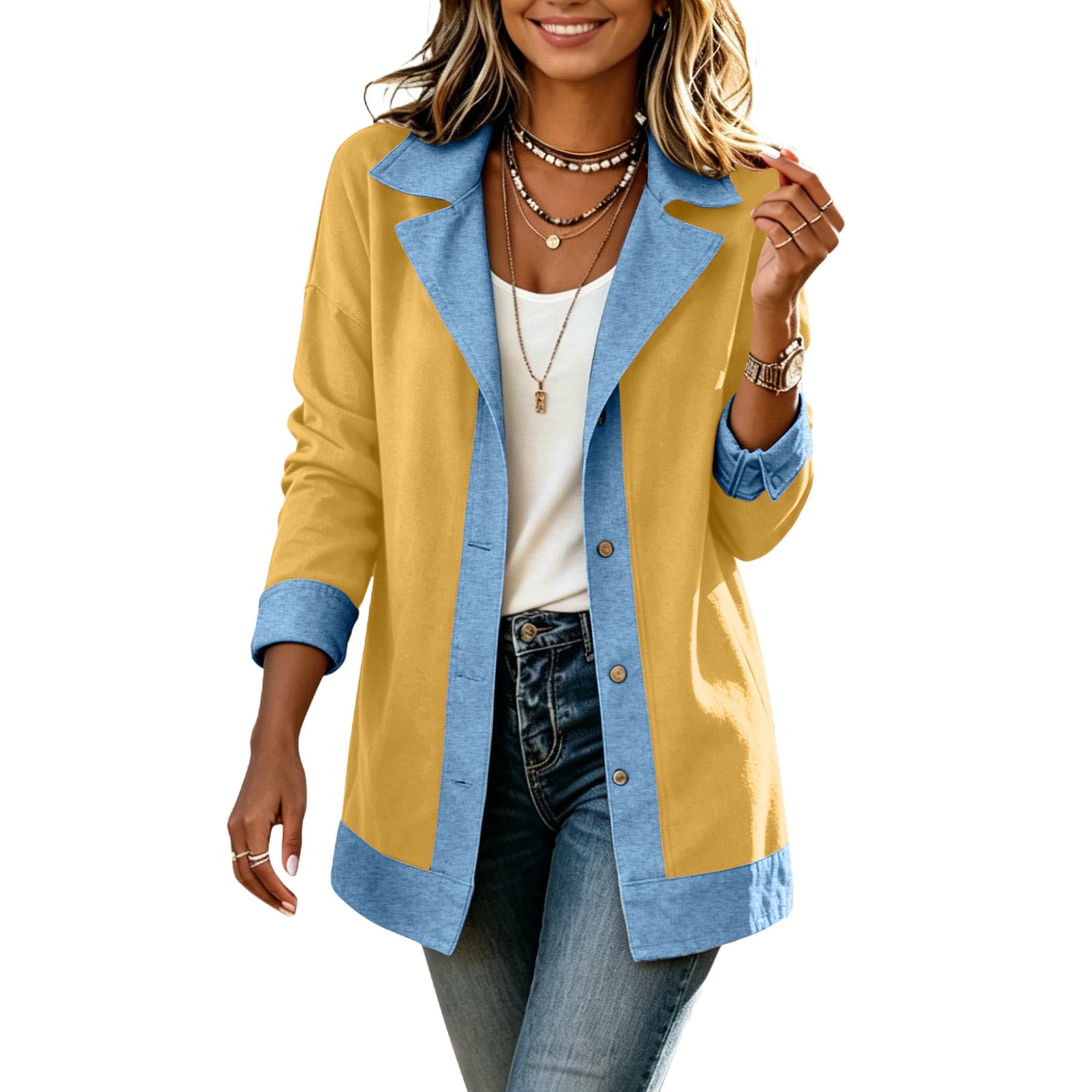 Cavosen Pullovers for Women Trendy Denim Lapel Jacket Button Down Color ...