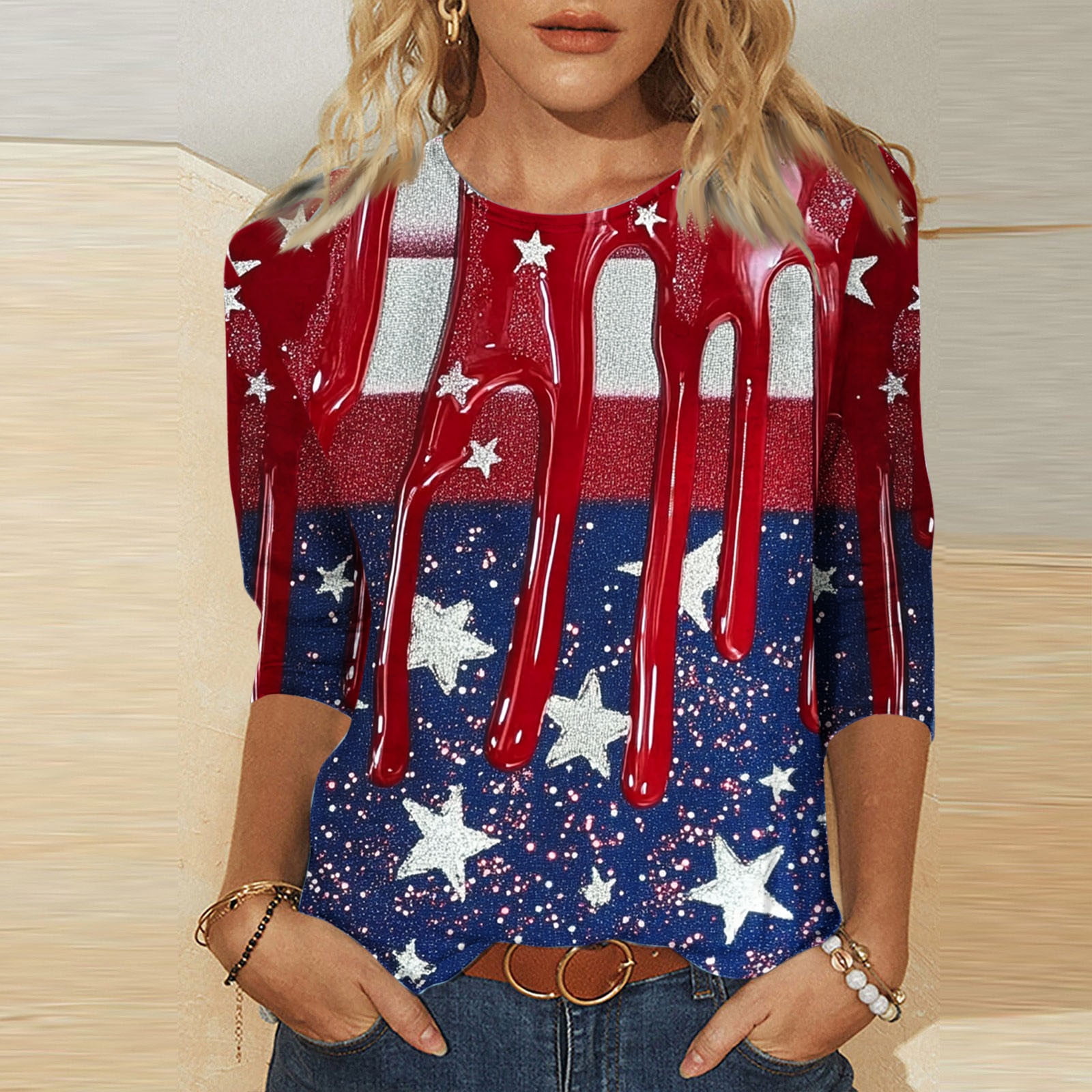 Cavosen Red White and Blue Shirts for Women Plus Size 4th of July 3/4 ...