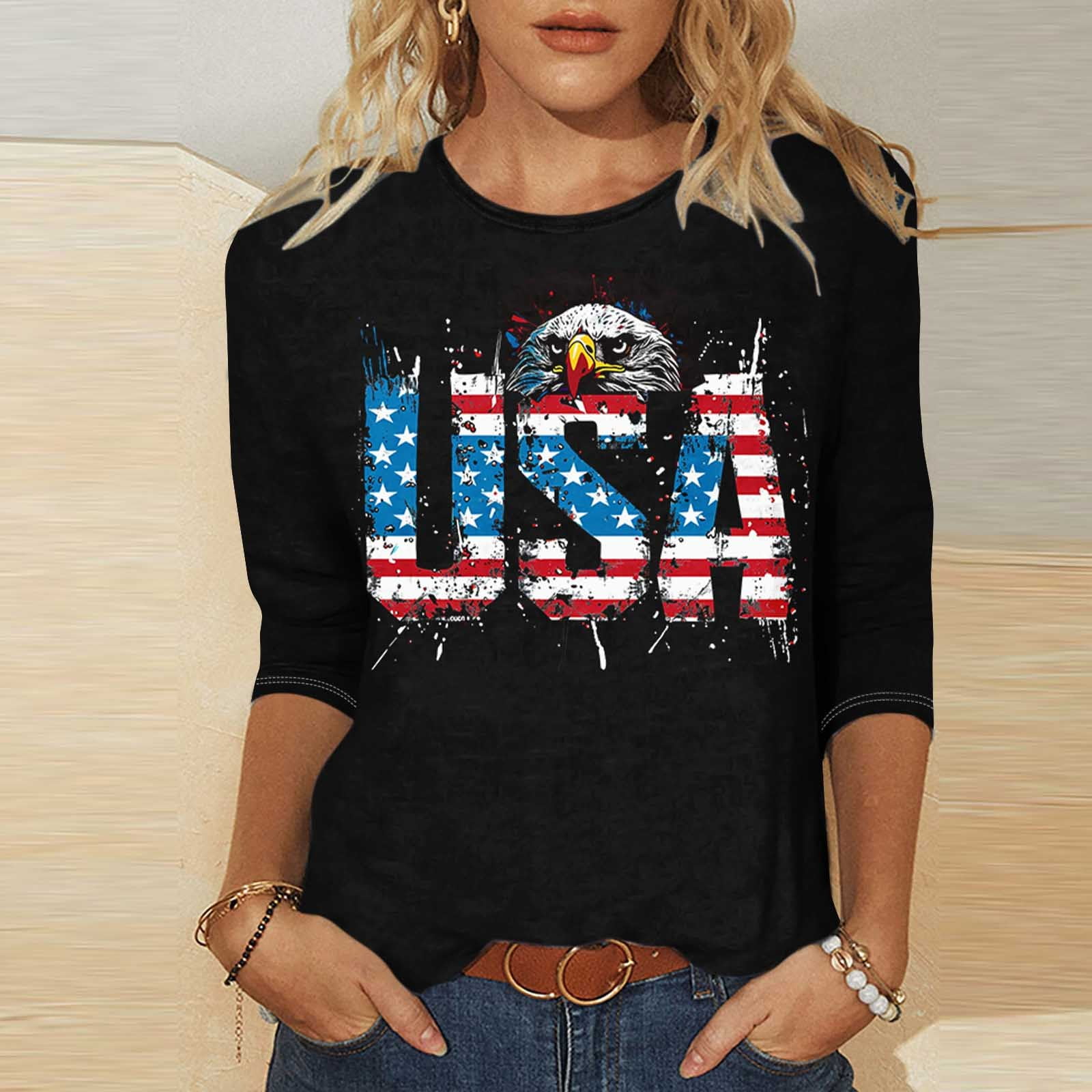 Cavosen Red White and Blue T Shirts Women Petite Patriotic 3/4 Sleeve ...