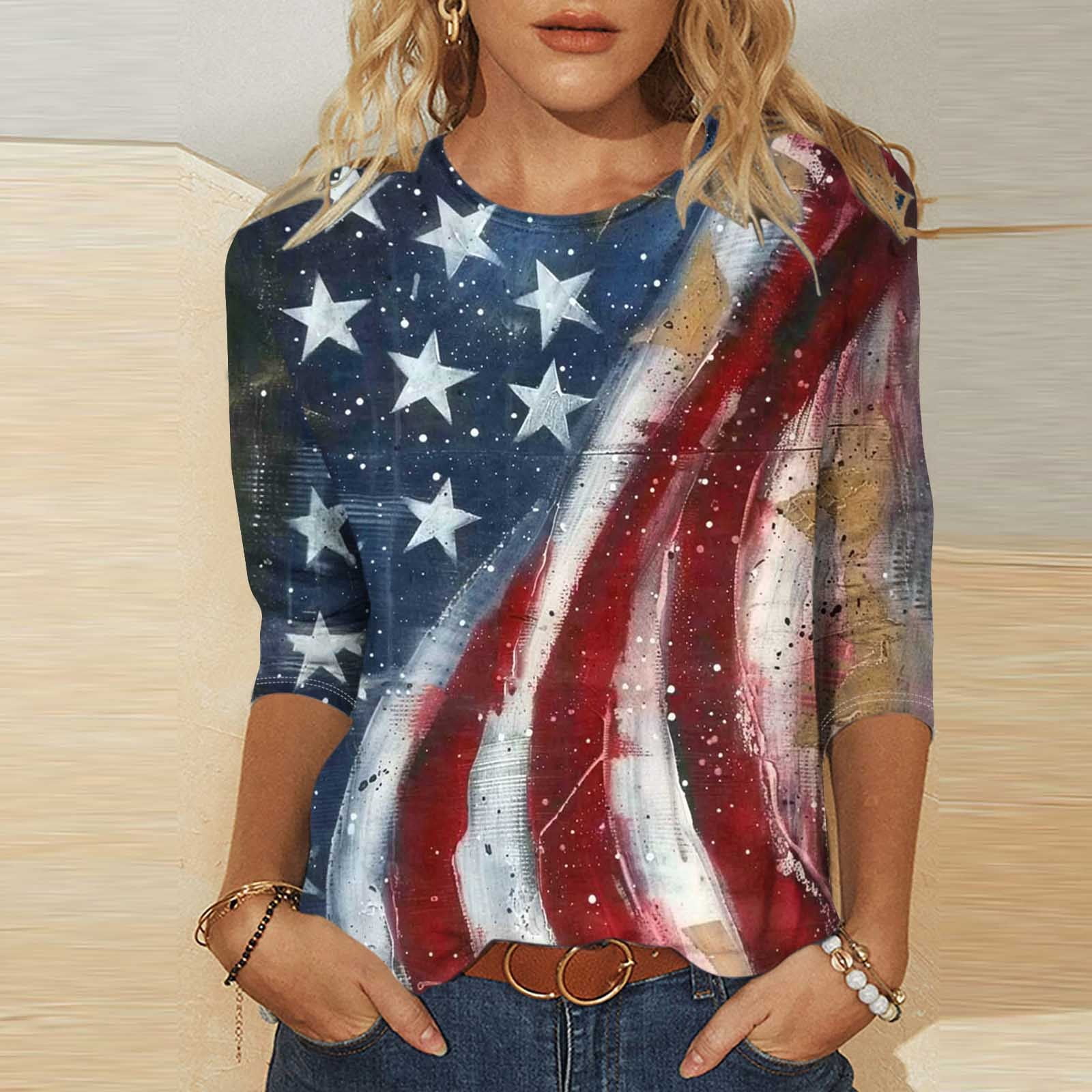 Cavosen Red White and Blue T Shirts Women Plus Size 4th of July 3/4 ...
