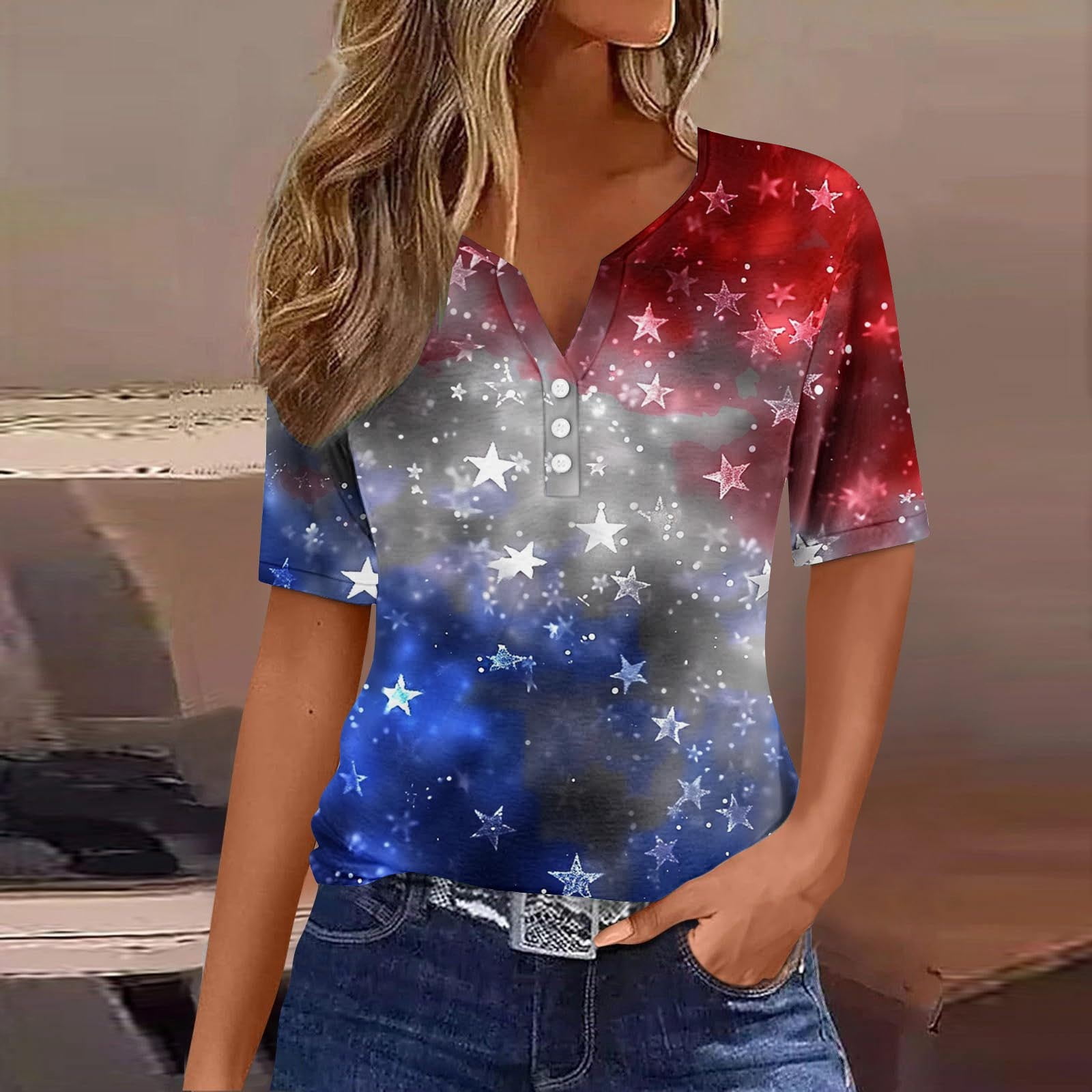 Cavosen Red White and Blue Tops for Women Petite 4th of July 3/4 Sleeve ...