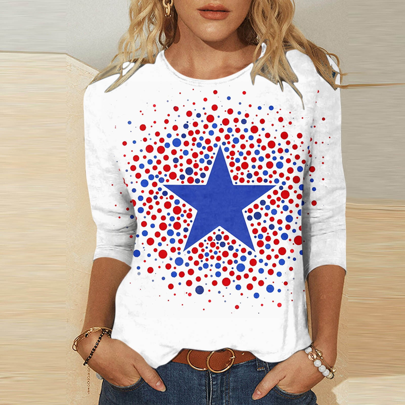 Cavosen Red White and Blue Tops for Women Petite Red White and Blue 3/4 ...