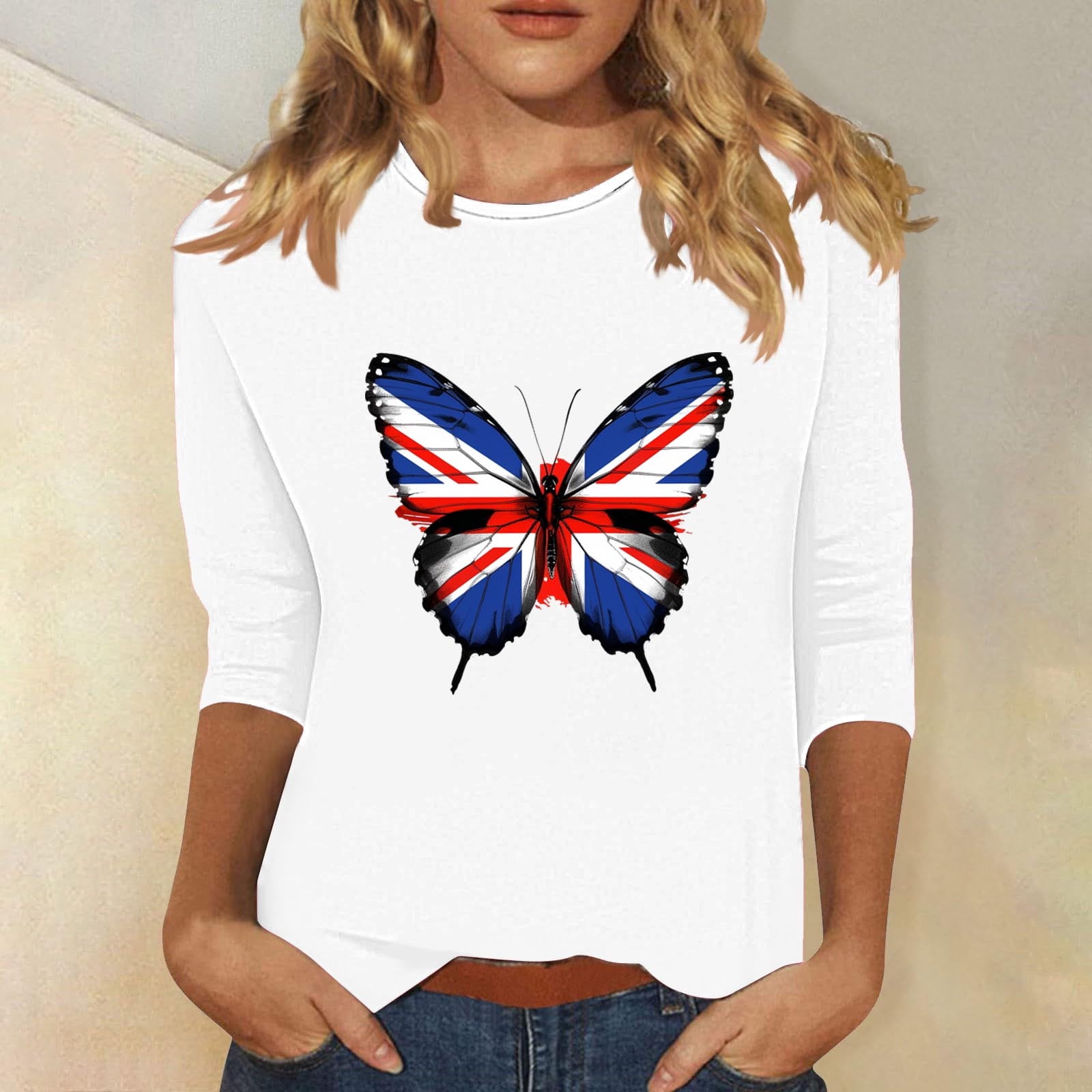 Cavosen Red White and Blue Tops for Women Plus Size 4th of July 3/4 ...