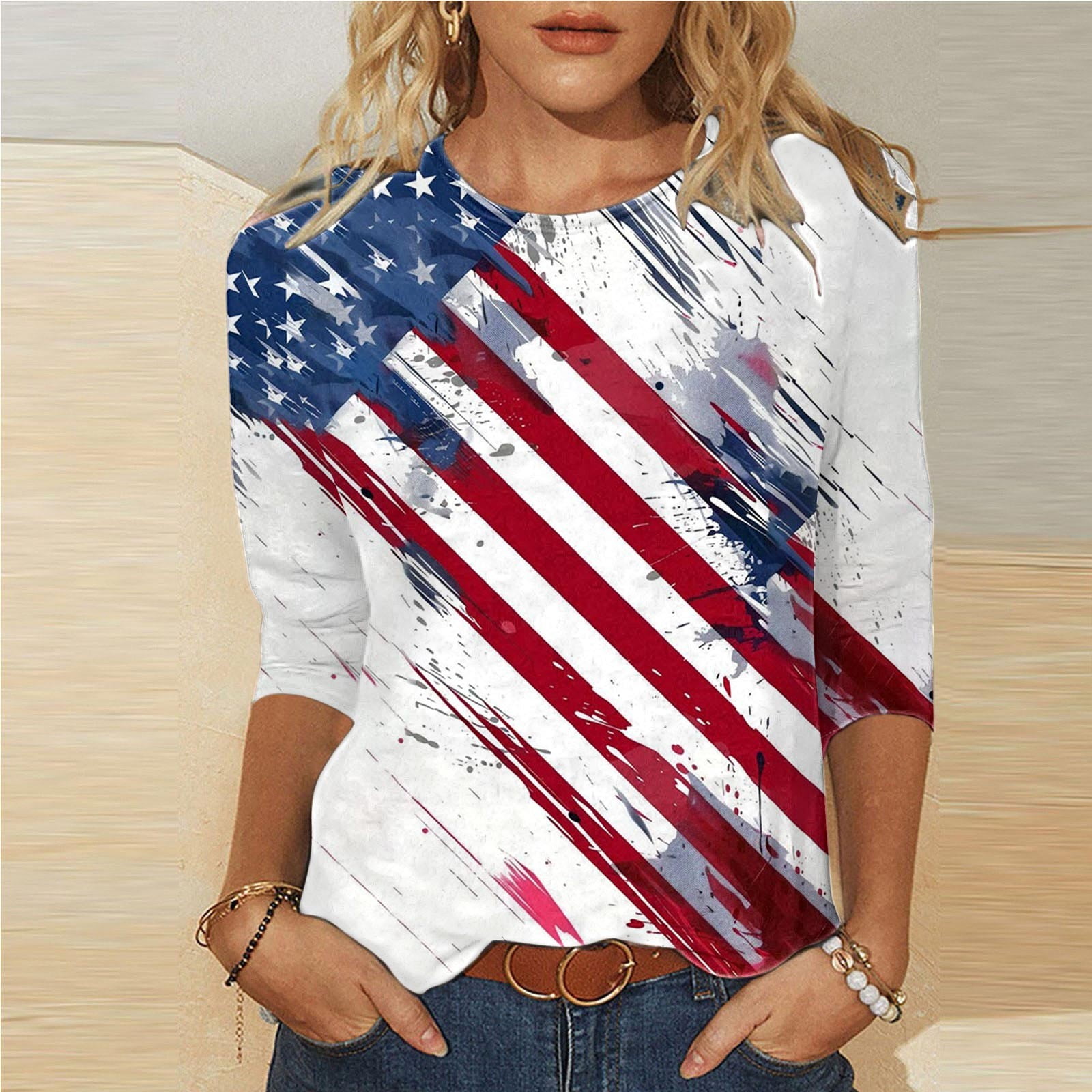Cavosen Red White and Blue Tops for Women Plus Size Patriotic 3/4 ...