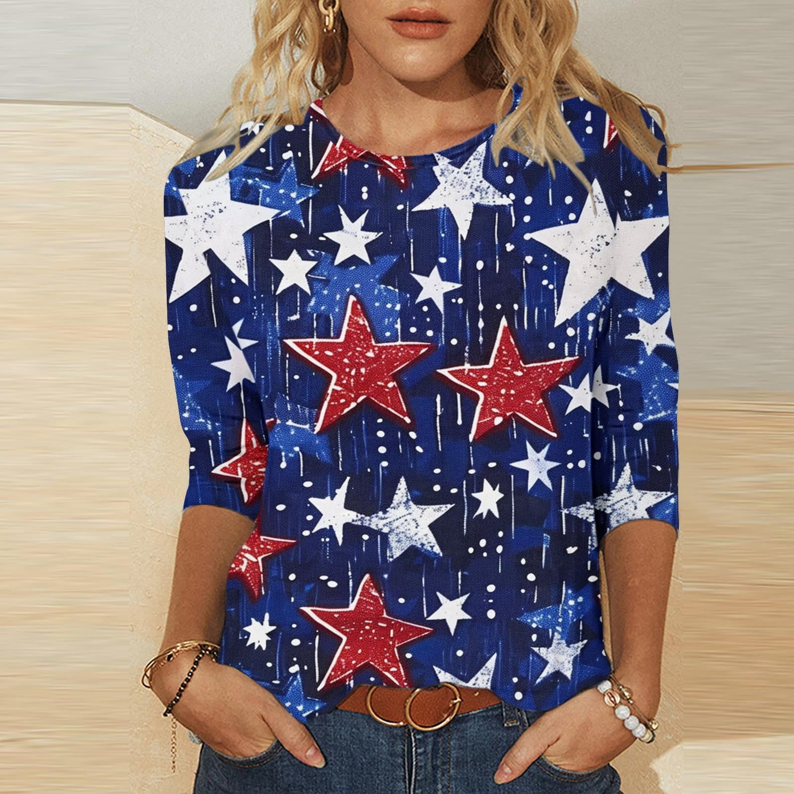 Cavosen Red White and Blue Tops for Women Plus Size Patriotic 3/4 ...