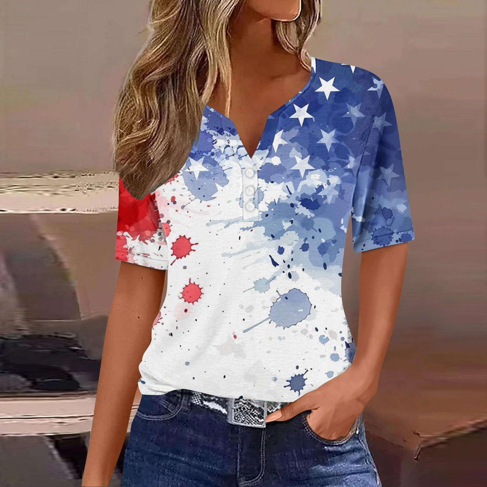 Cavosen Red White and Blue Tops for Women Plus Size Patriotic 3/4 ...