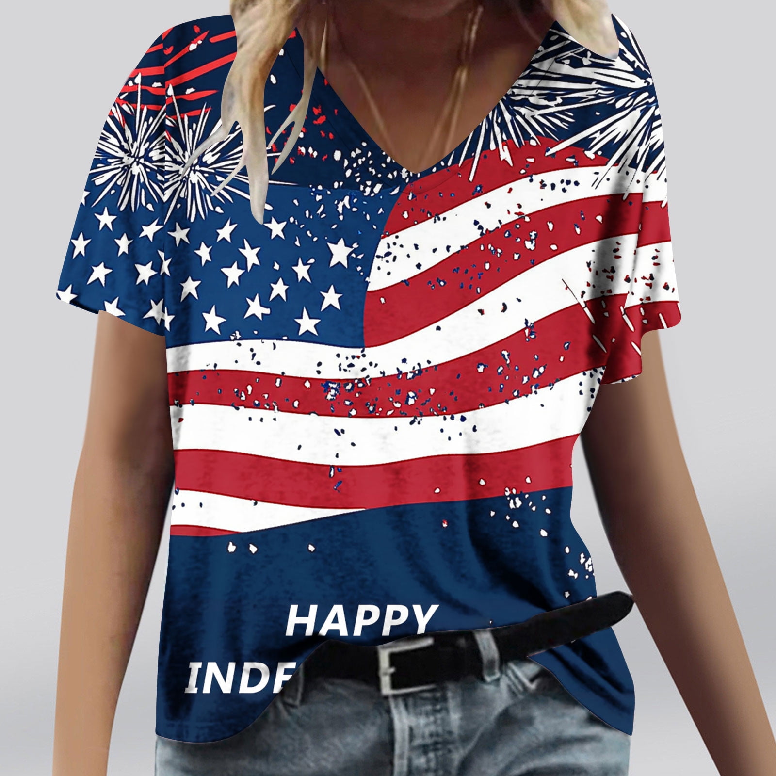 Cavosen Red White and Blue Tops for Women Plus Size Patriotic Short ...
