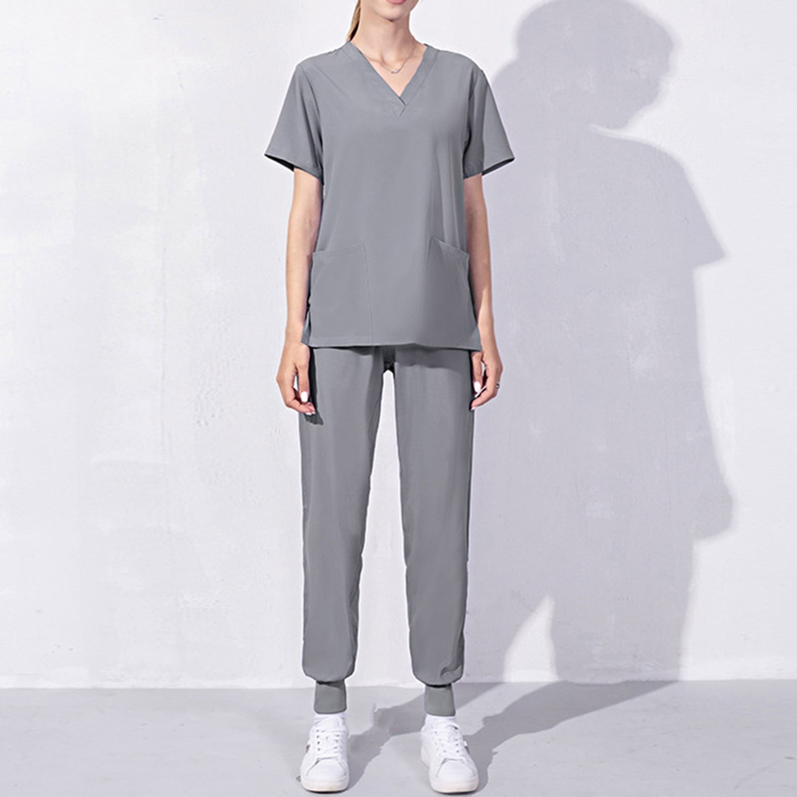 Cavosen Scrubs for Women 2 Piece Plus Size Gray Scrub Sets with Pocket ...