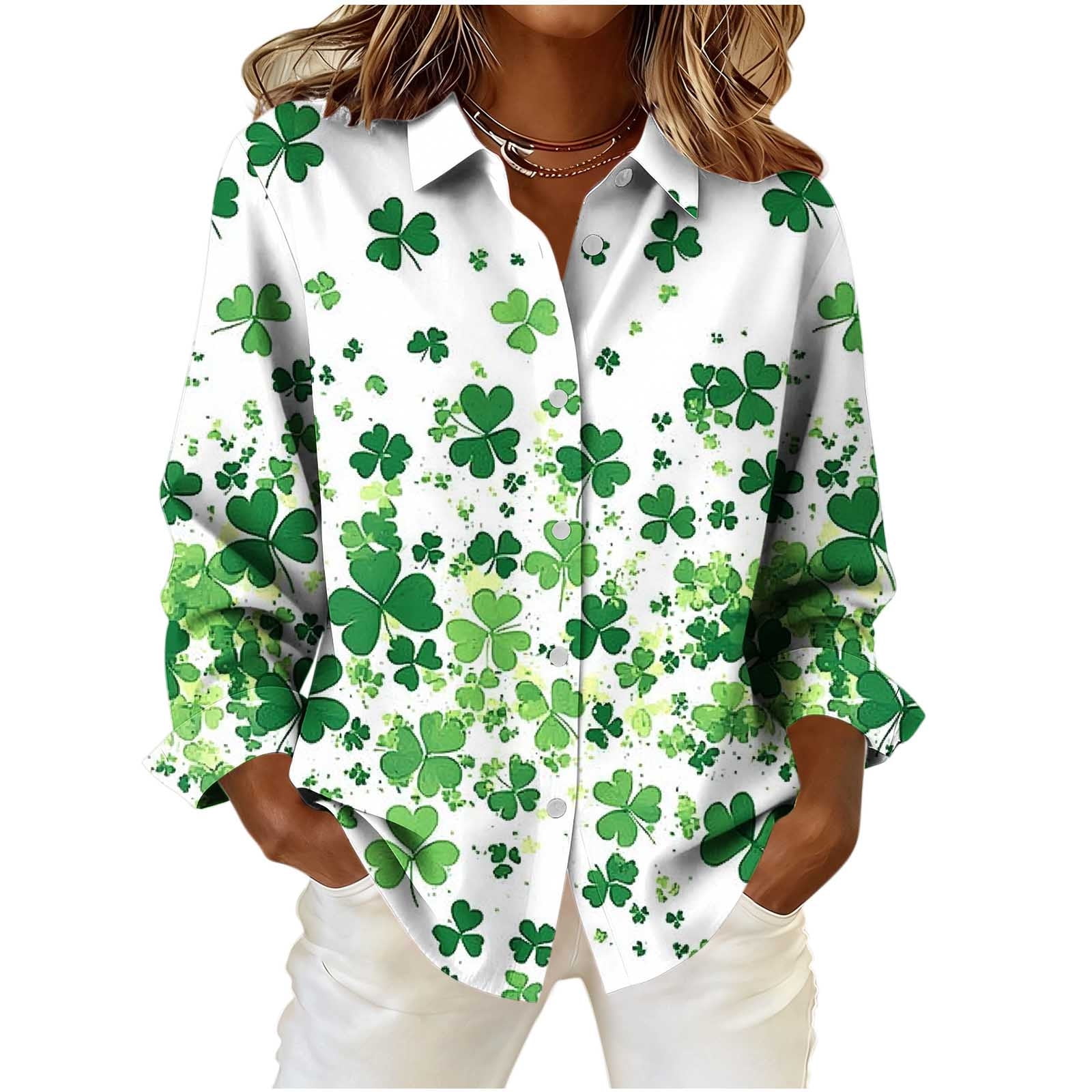 Cavosen St Patrick's Button up Shirt Women Funny Green Long Sleeve ...