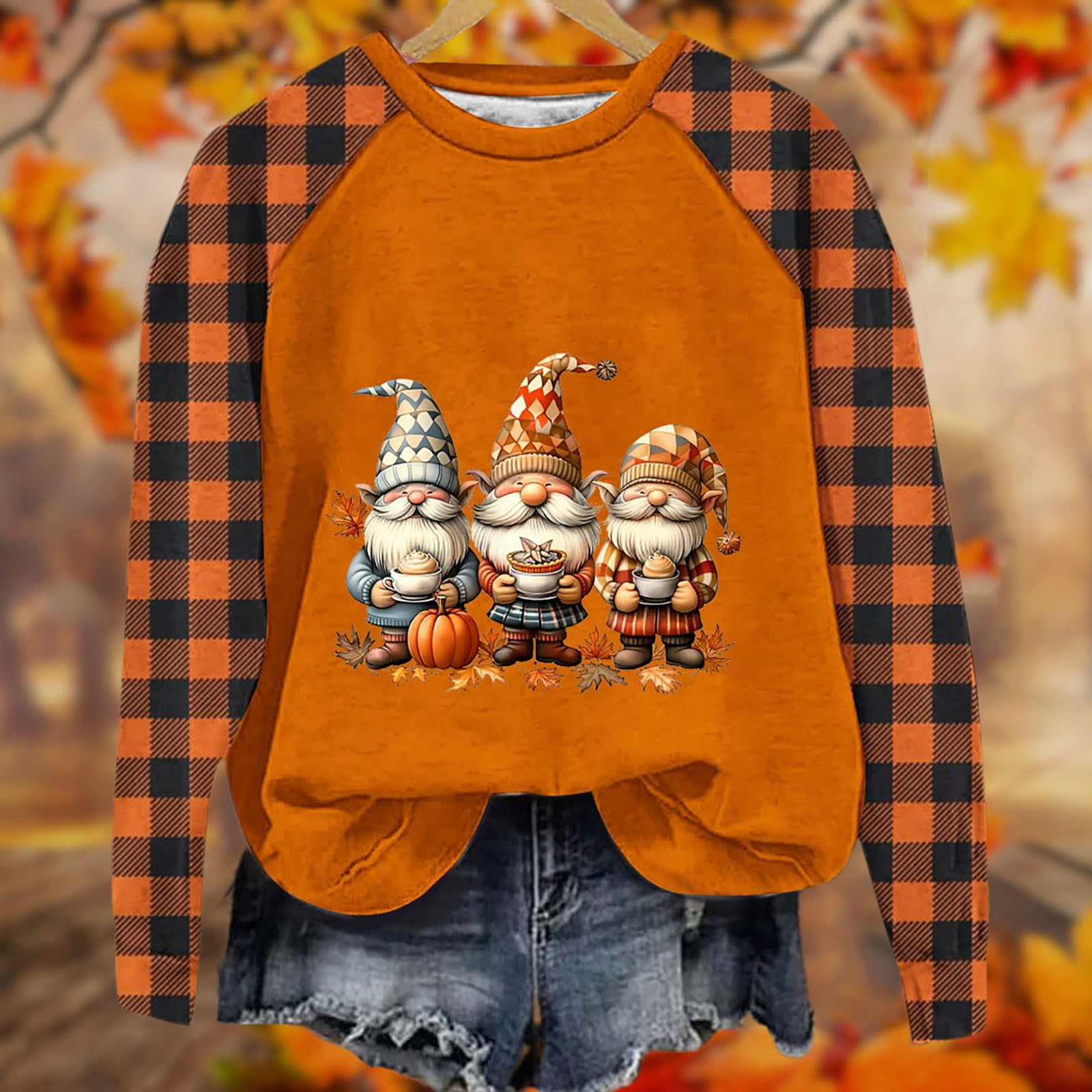 Cavosen Thanksgiving Day Sweatshirts for Women Crewneck Cute Funny Happy Gnome Plaid Print ...