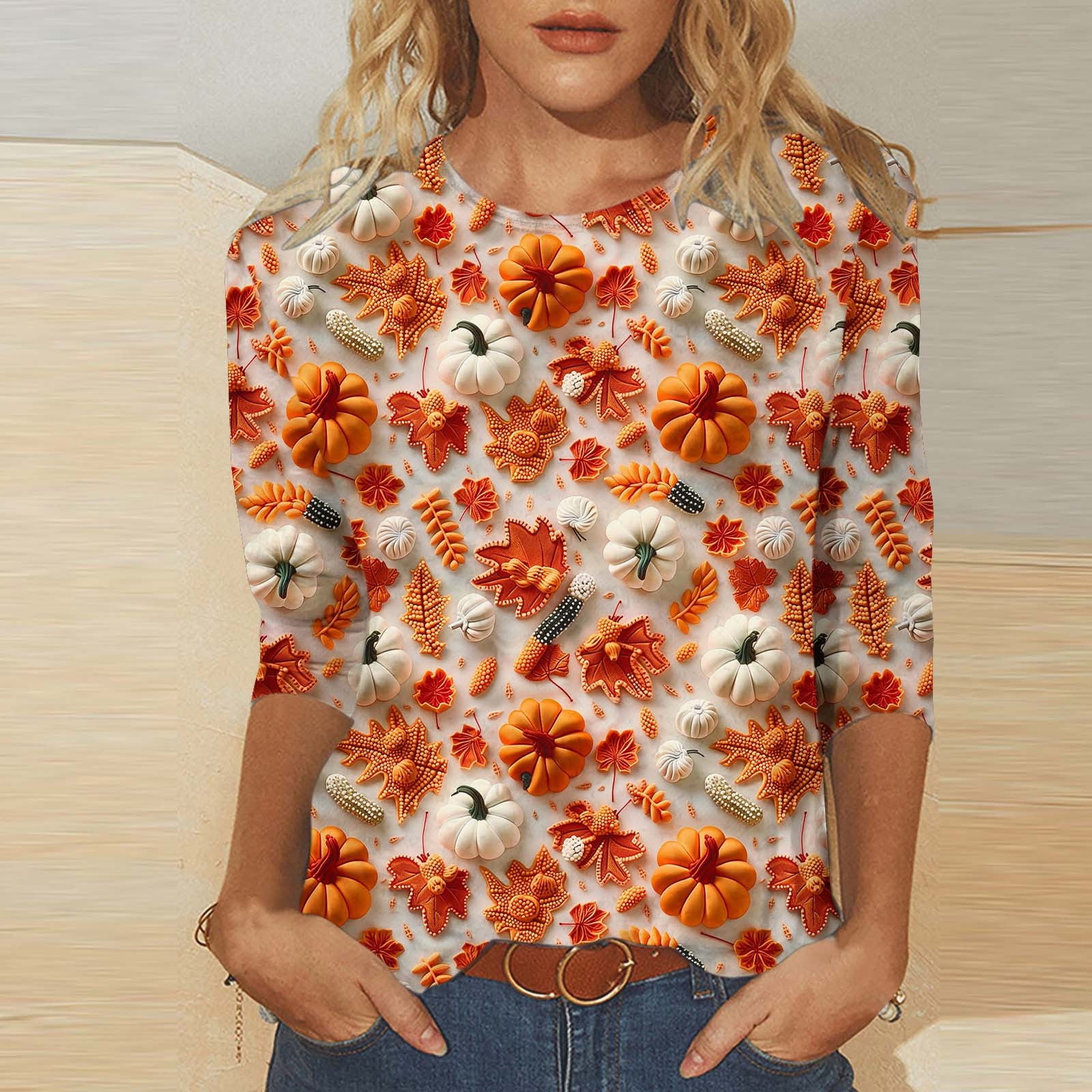 Cavosen Thanksgiving Halloween 3 4 Sleeve Shirts For Women Plus Size