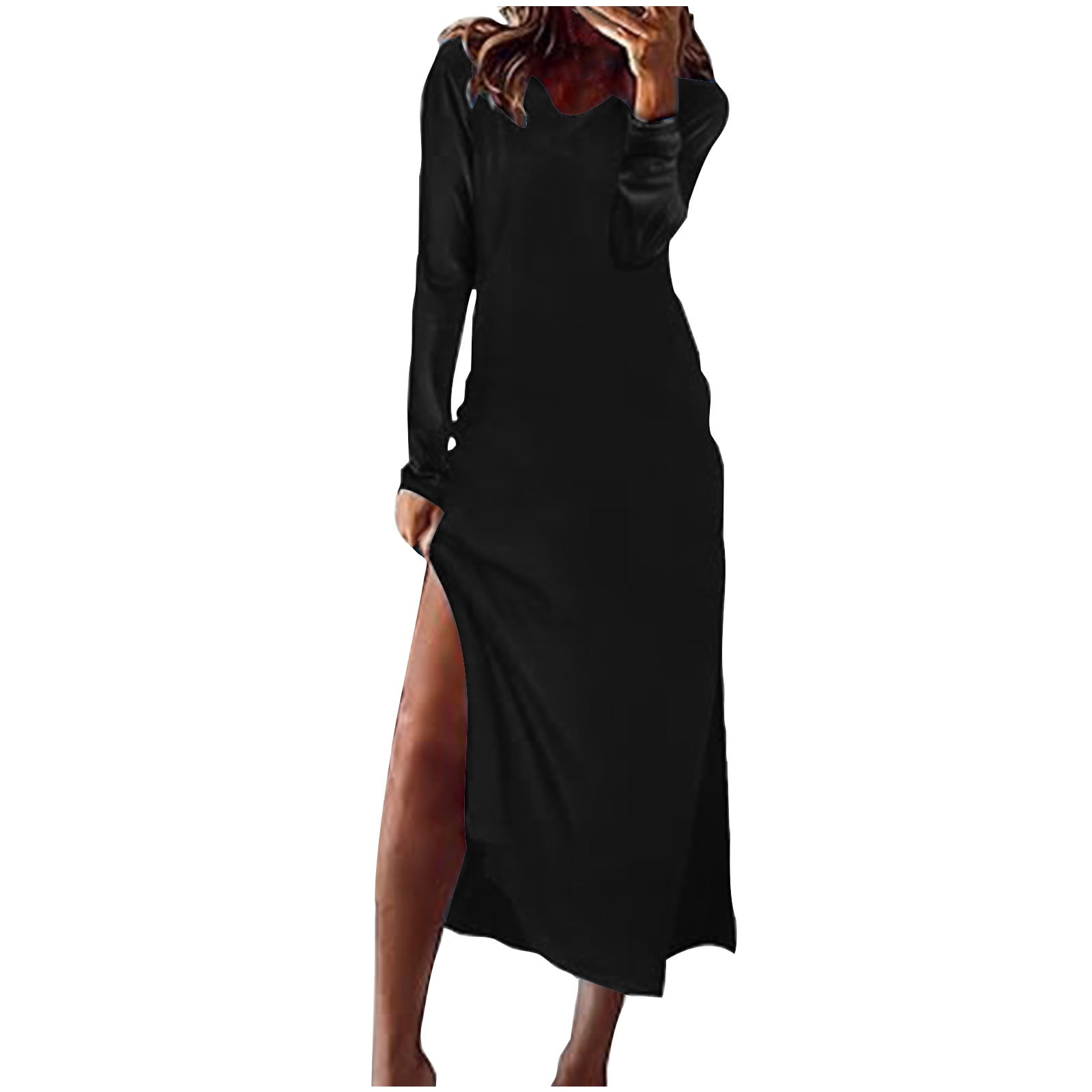 Cavosen Trendy Dresses for Women Black Long Sleeve Maxi Dress High Side ...