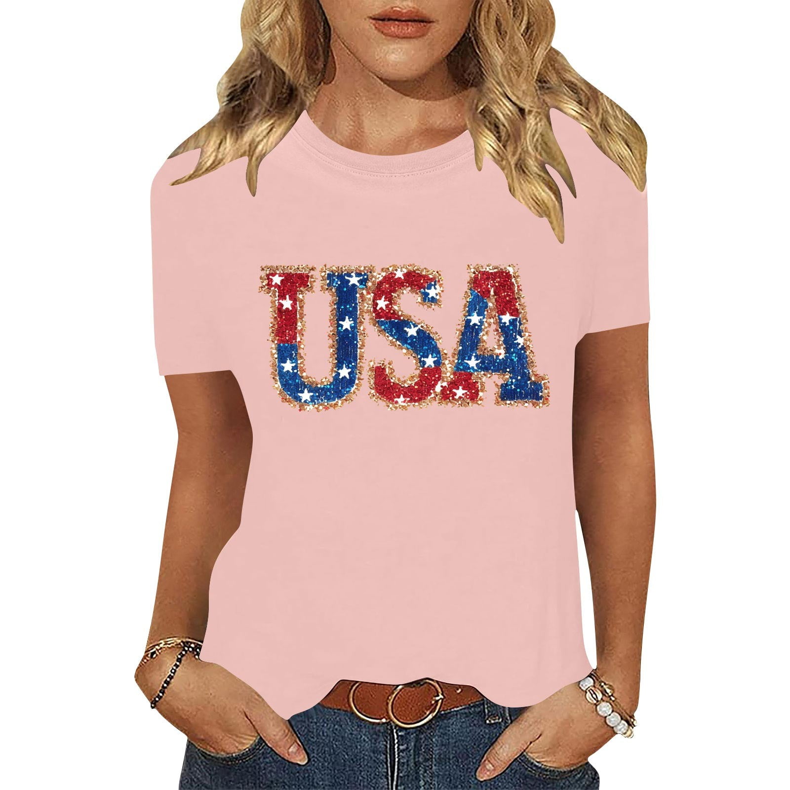 Cavosen USA Flag Shirts for Women Petite Patriotic Short Sleeve Crew ...