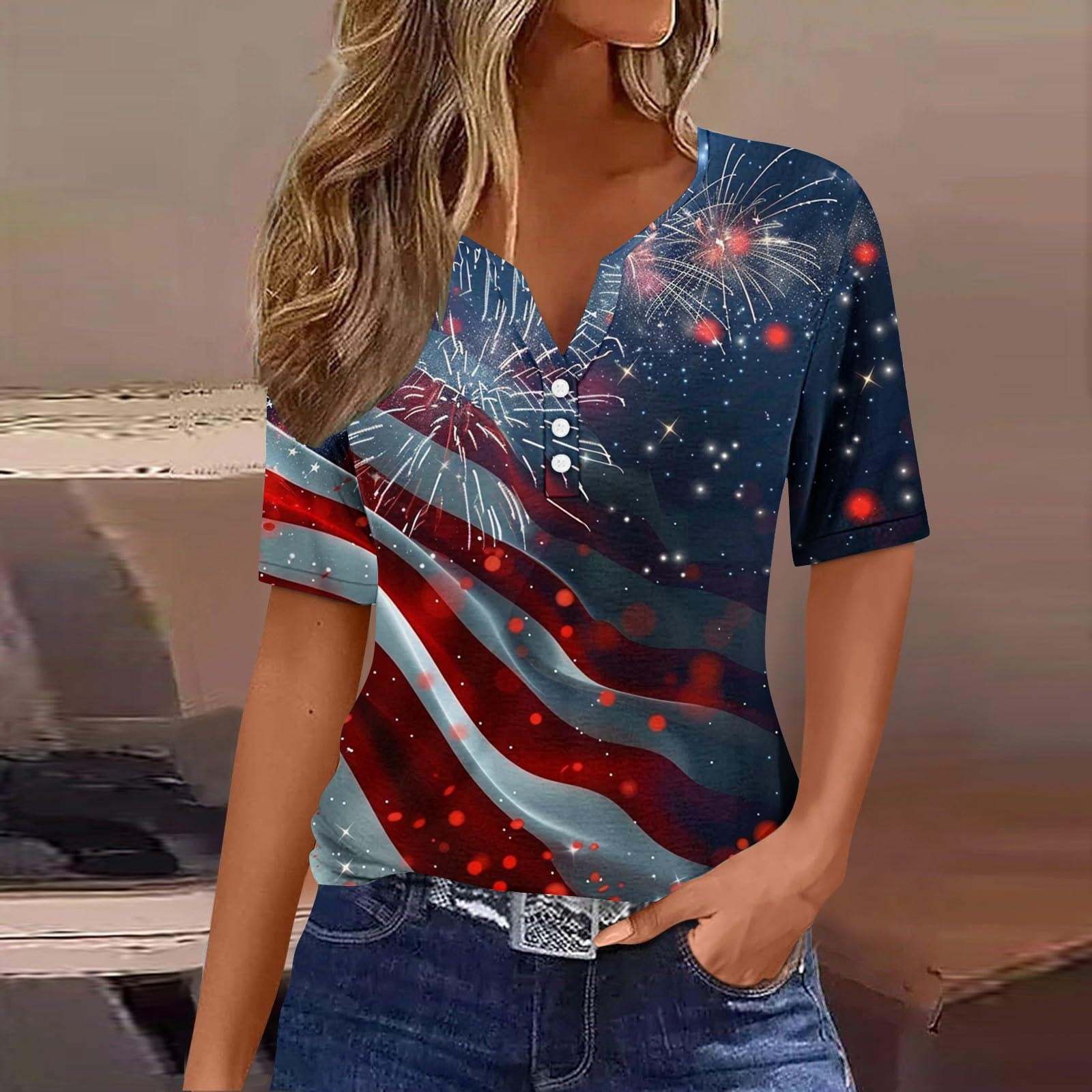 Cavosen USA Flag Shirts for Women Plus Size Patriotic 3/4 Sleeve V-Neck ...