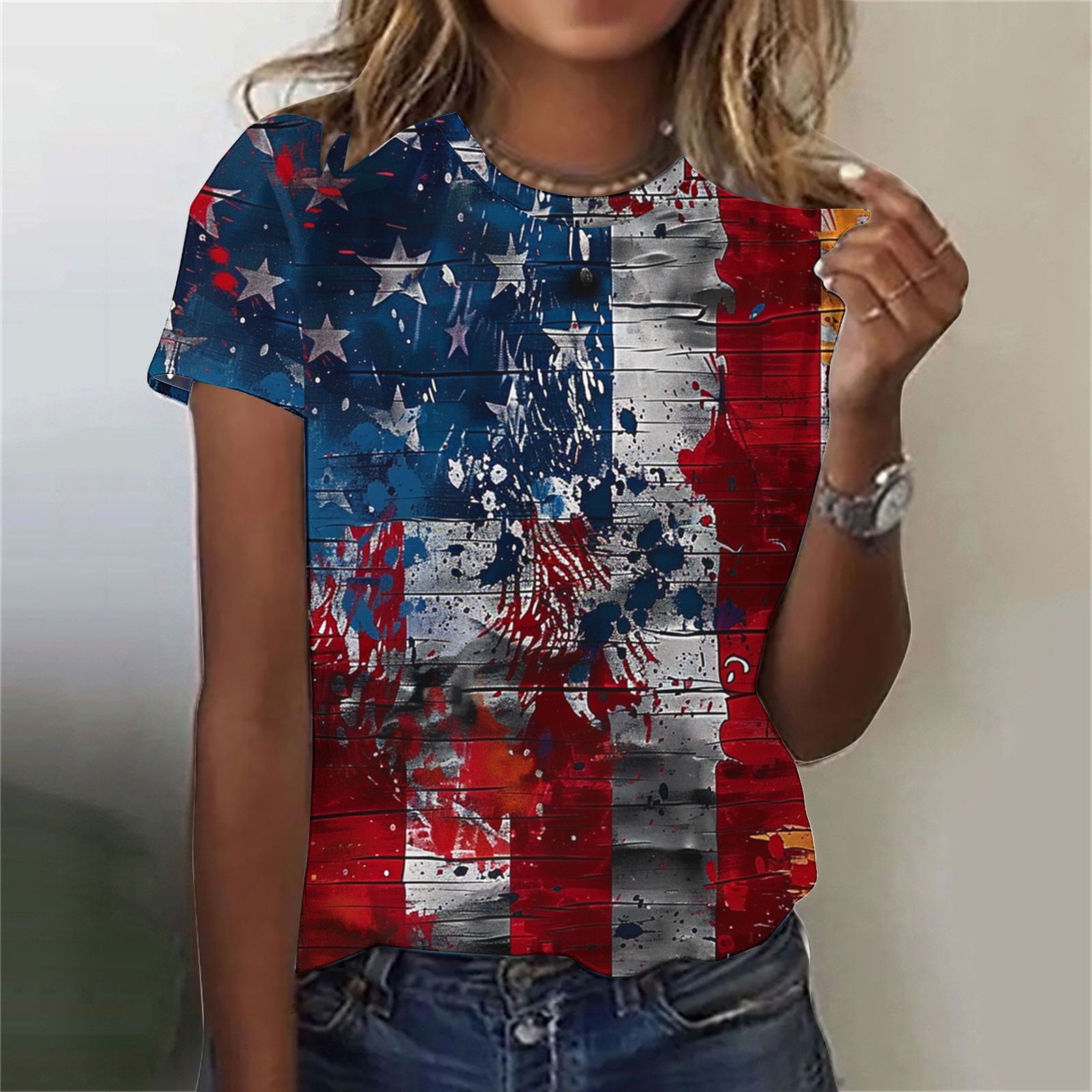 Cavosen USA Flag Shirts for Women Plus Size Red White and Blue Short ...