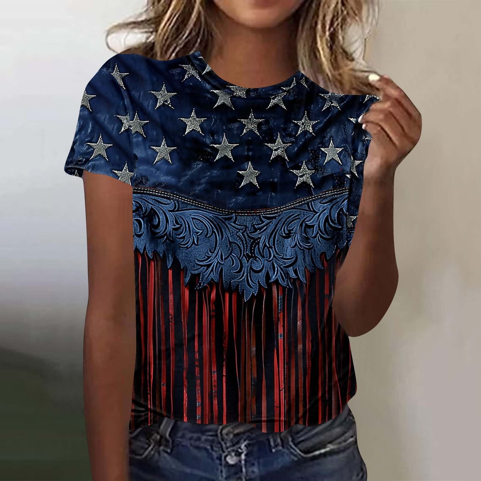 Cavosen USA Flag Shirts for Women Plus Size Red White and Blue Short ...