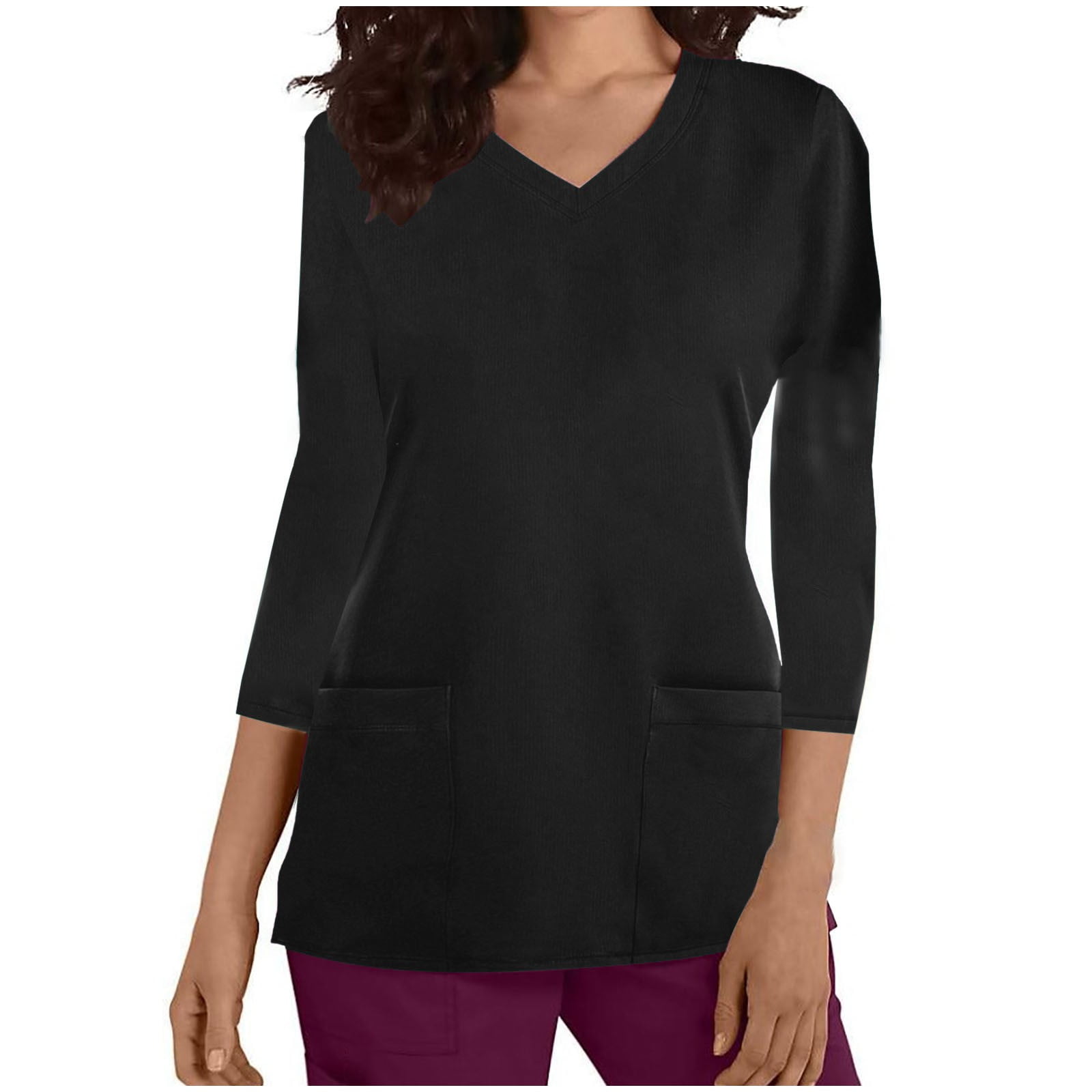 Cavosen Uniform Scrub Top for Women Black 3/4 Sleeve V Neck Scrub ...