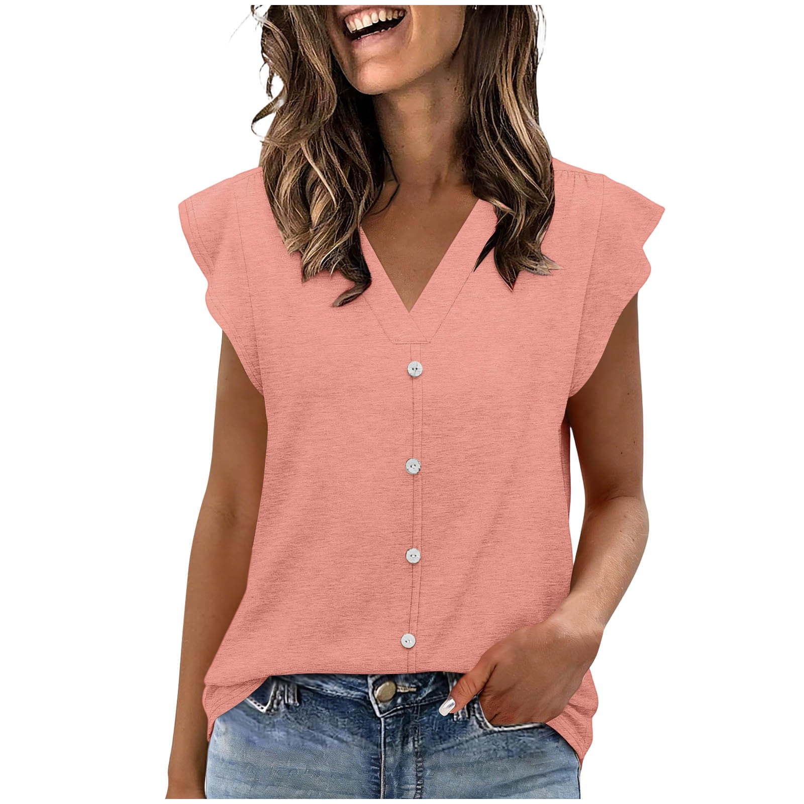 Cavosen V Neck Button Cap Sleeve Top Casual Camisole Top Loose Tank ...