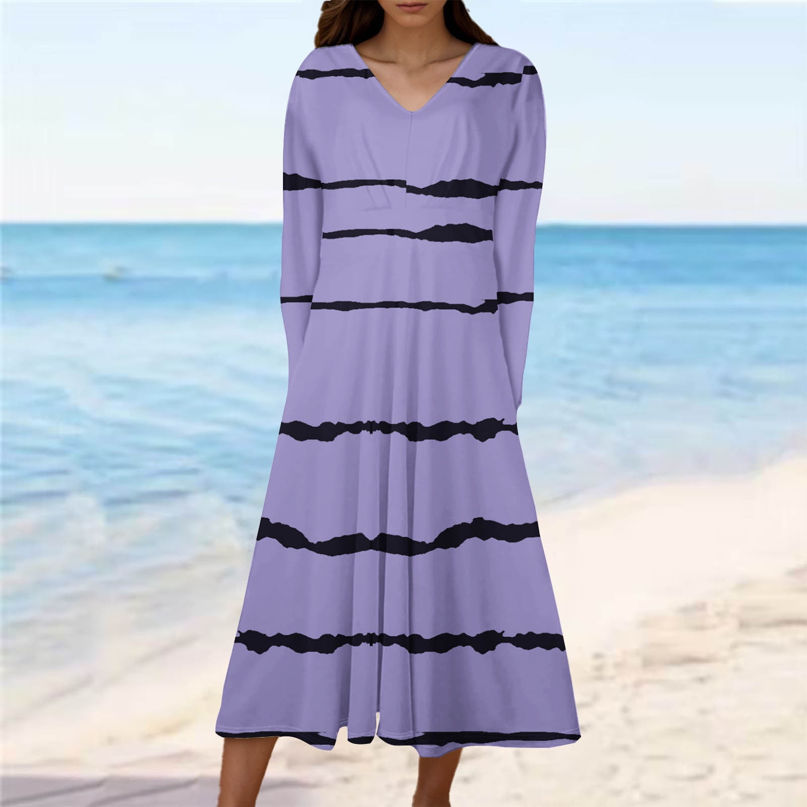Cavosen V Neck Dresses for Women Maxi Purple Long Sleeve Fashion Dress ...