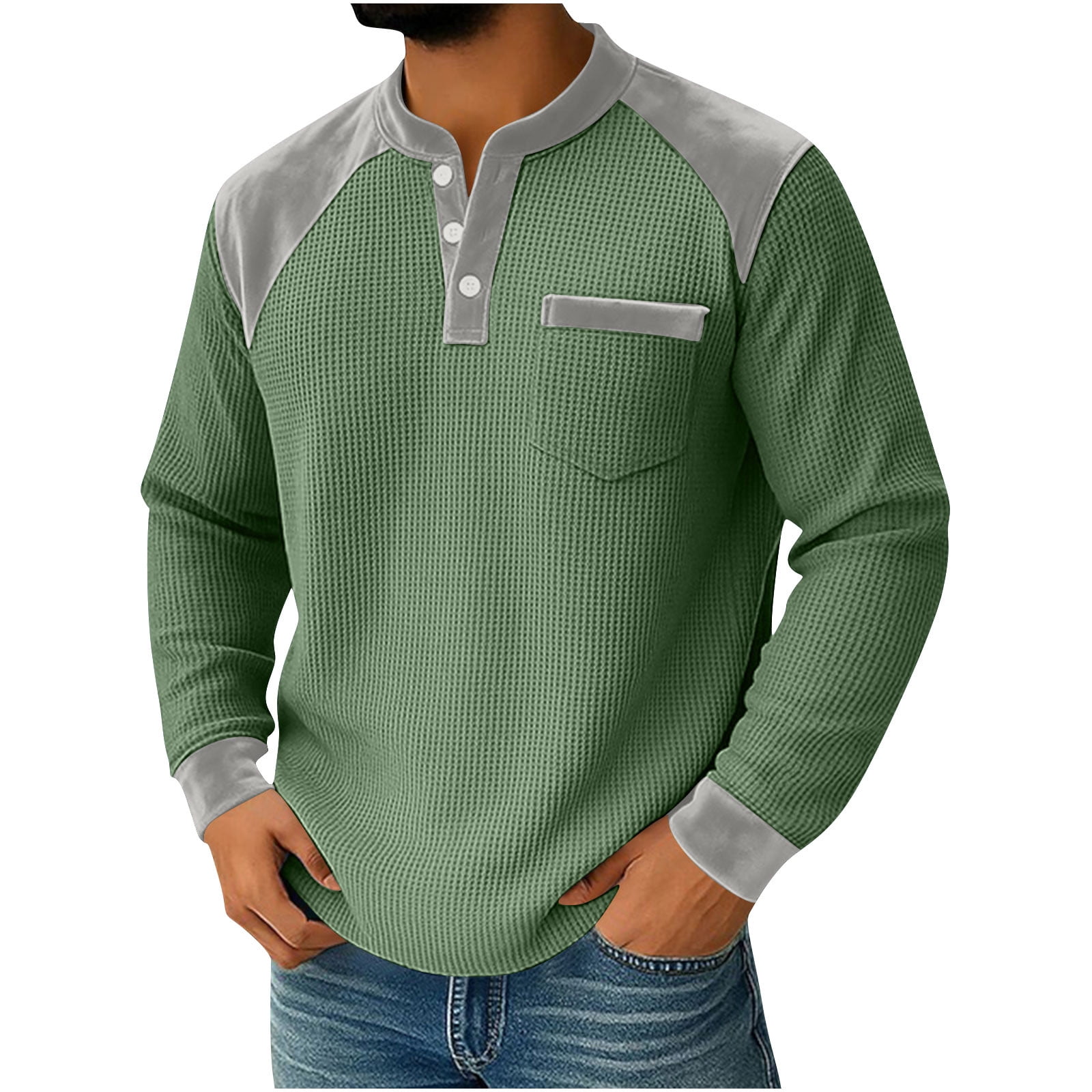 Cavosen V Neck T Shirts Men Waffle Long Sleeve Shirt Color Block ...