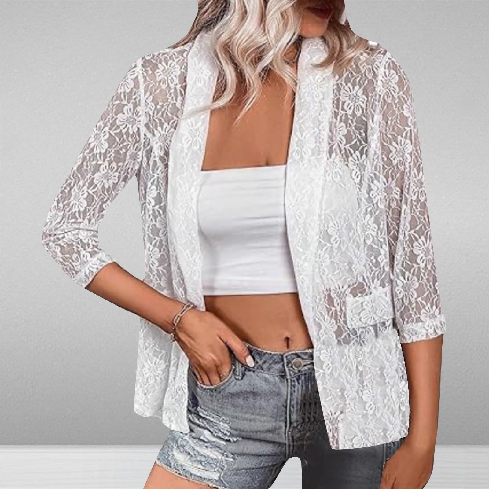 Cavosen Womens Lightweight Cardigans for Spring White Summer Lace 3/4 ...