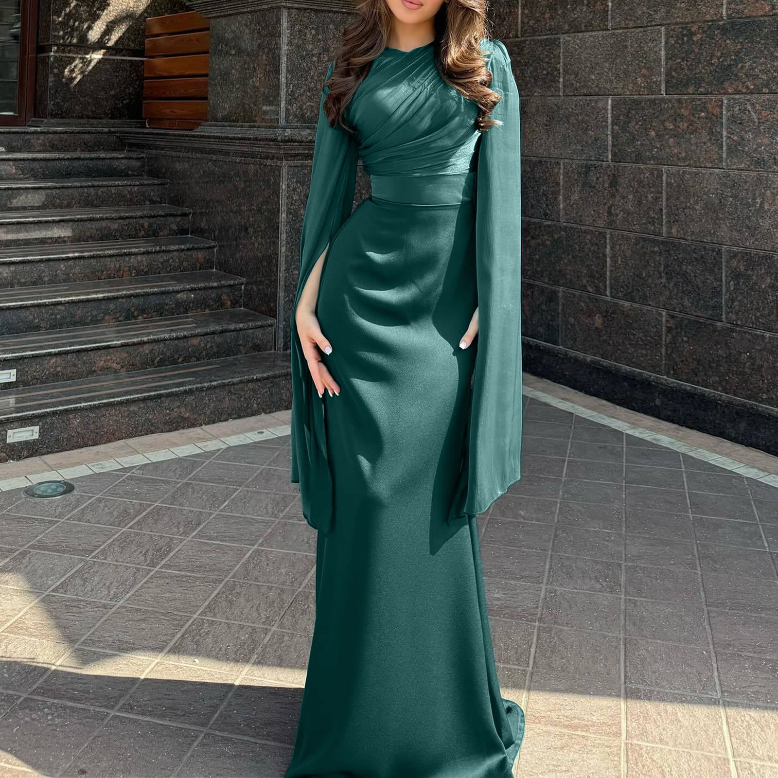 Cavosen Womens Long Dresses with Long Sleeves Green Elegant Party Dress Round Neck Split Floor ...