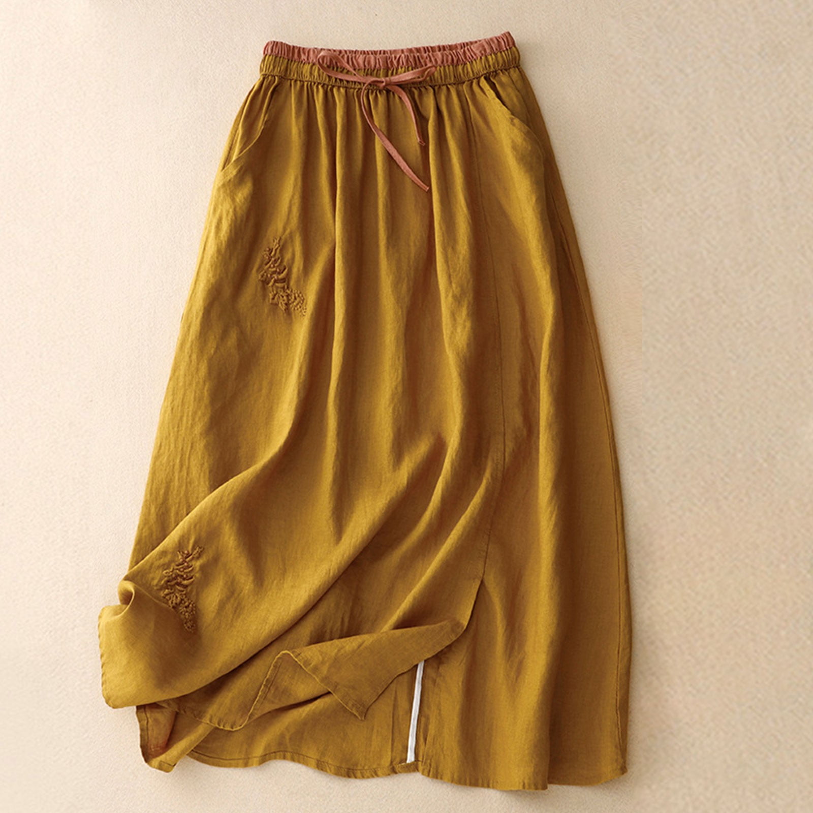 Cavosen Womens Skirts Midi Length Flowy Cotton Linen Embroidery Elastic ...