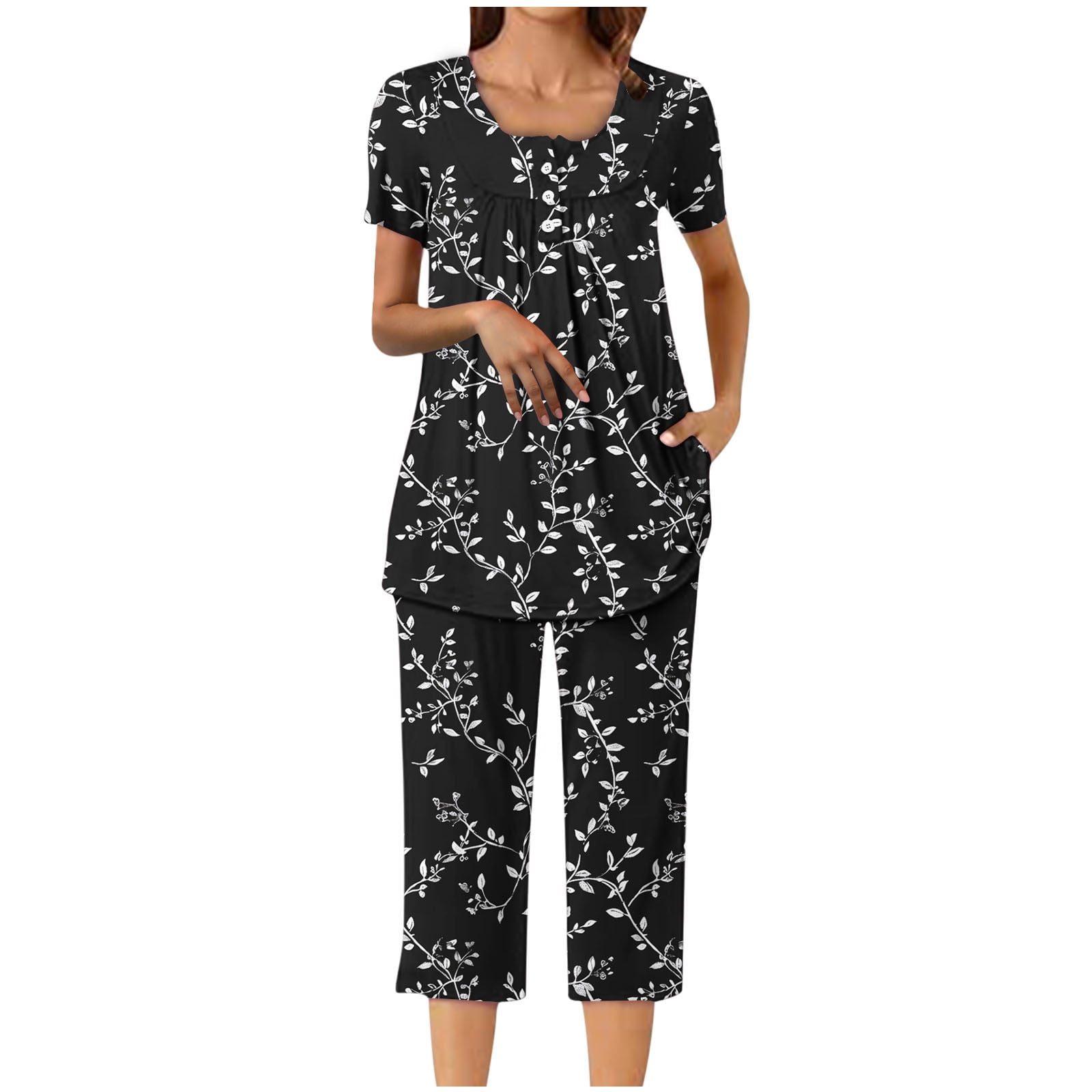 Cavosen Womens Sleepwear Capri Sets Button 2 Piece Pajamas Sets Short ...