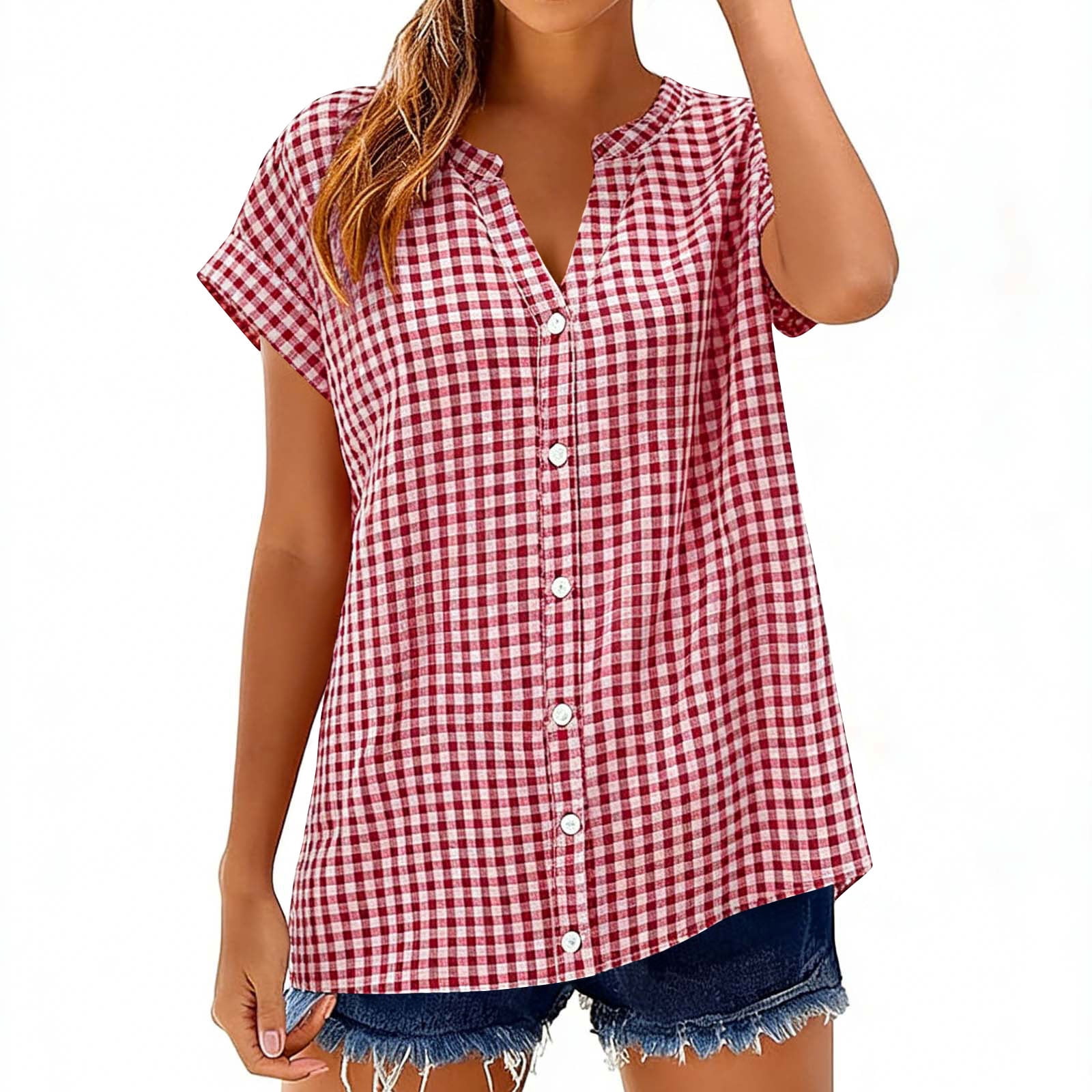 Cavosen Work Shirts Women Plaid Linen Button Down V Neck Short Sleeve ...