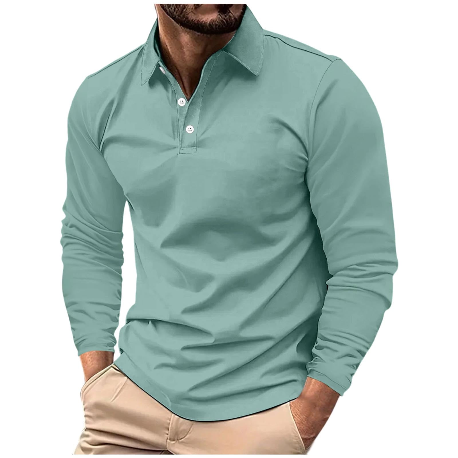 Cavosen Workout Shirts Men Long Sleeve Lapel Shirt Button Solid ...