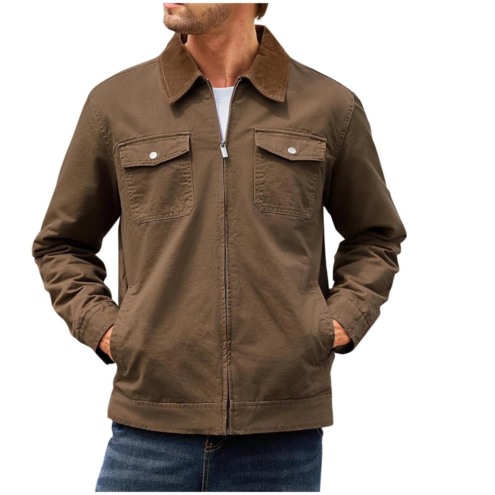 Cavosen Zipper Jacket for Men Long Sleeve Winproof Lapel Warm Coat with ...
