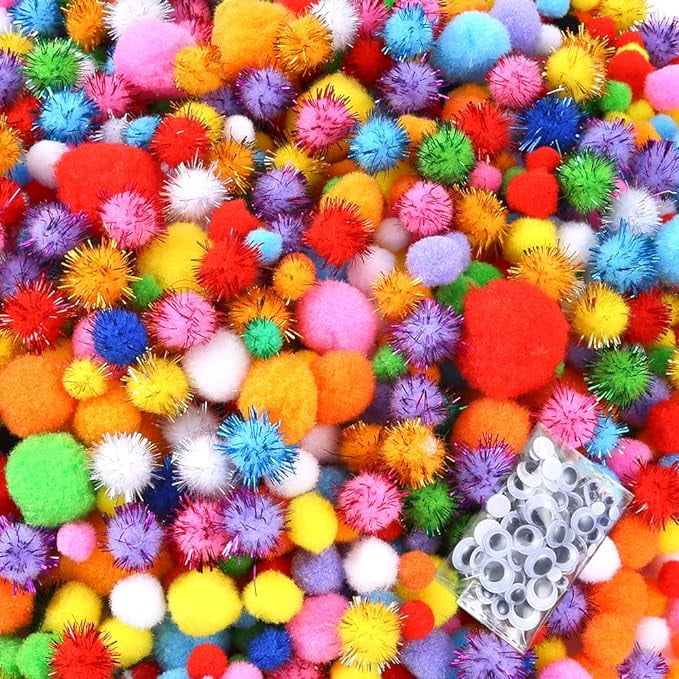 Caydo 2000 Pieces Assorted Sizes Multicolor Pompoms Glitter Pom Poms with 4 Sizes Wiggle Eyes ...