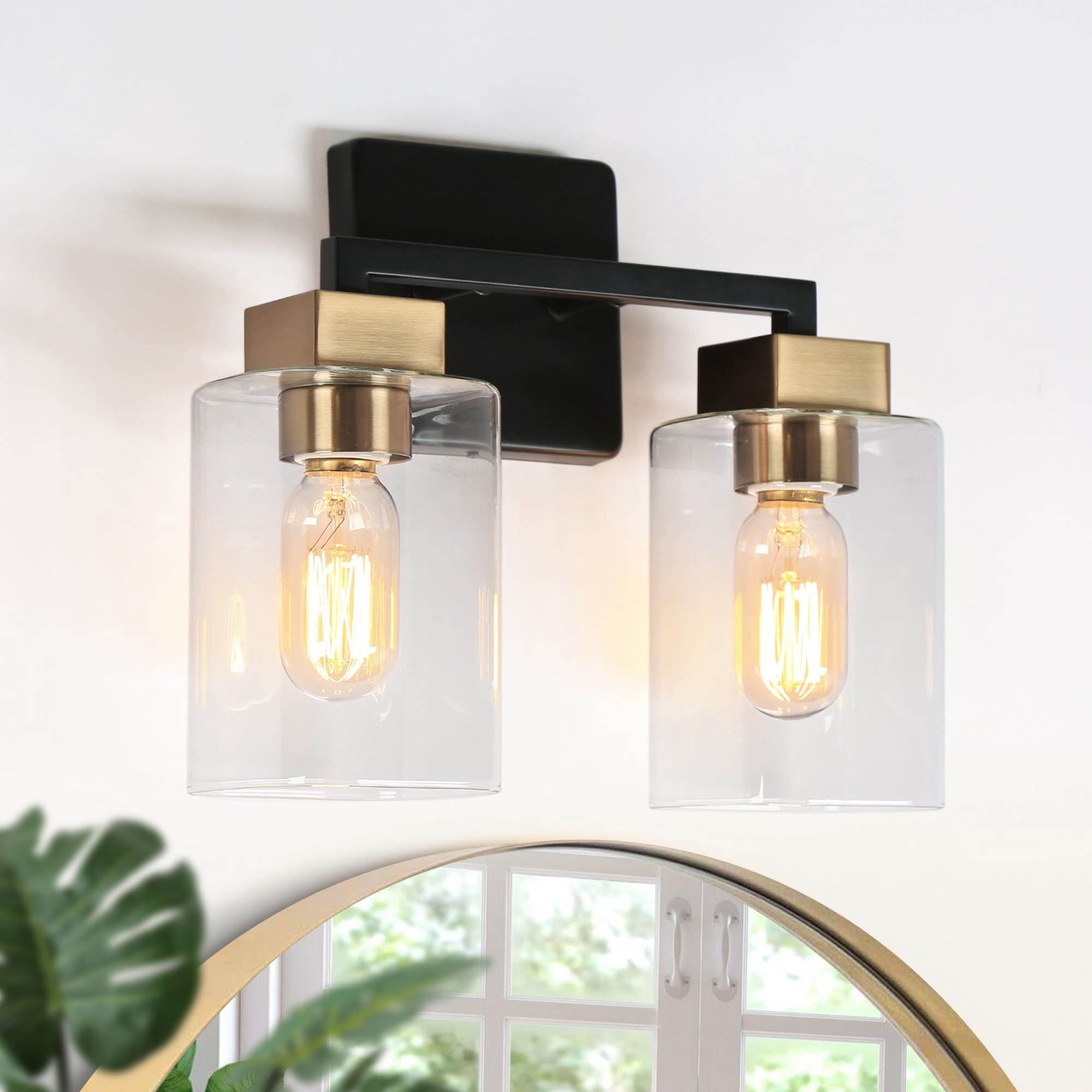 Caylin Modern 2-Light Black Gold Bathroom Vanity Light Square Glass ...