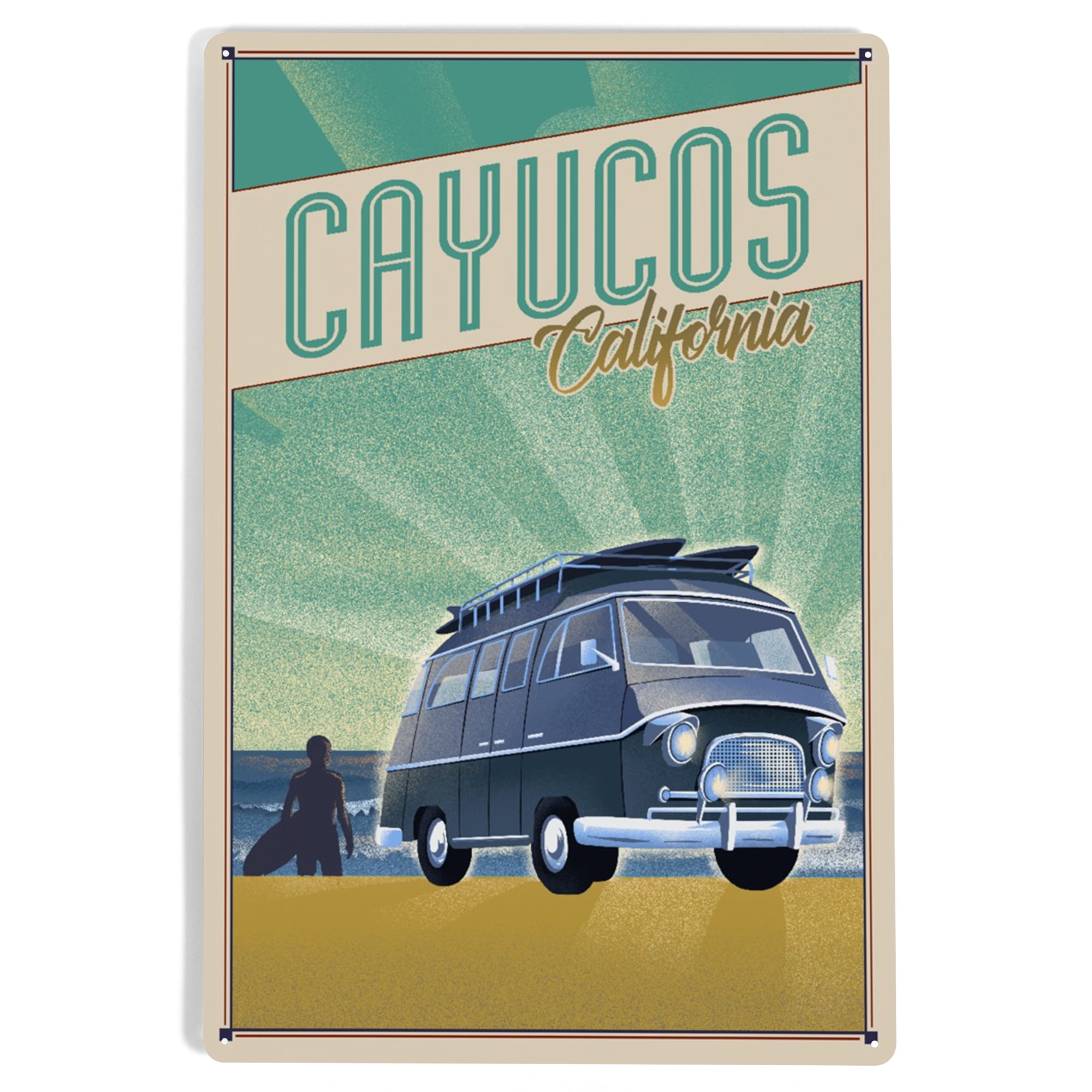 Cayucos, California, Camper Van on Beach, Lithograph (12x18 Aluminum ...
