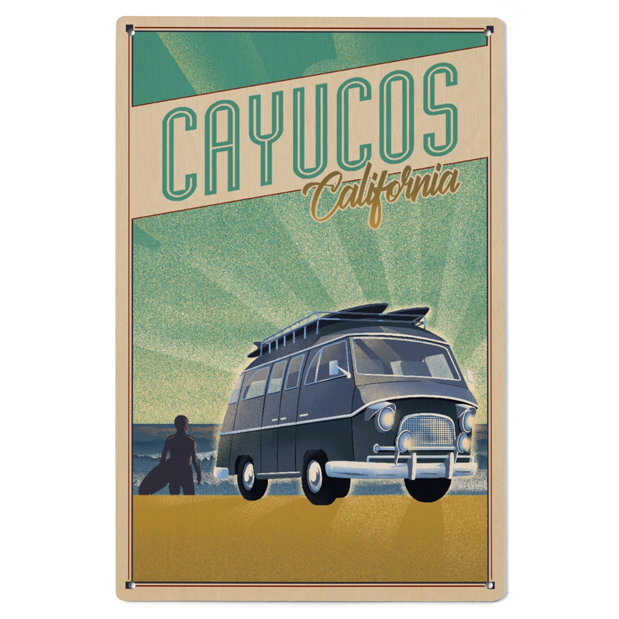 Cayucos, California, Camper Van on Beach, Lithograph Birch Wood Wall ...