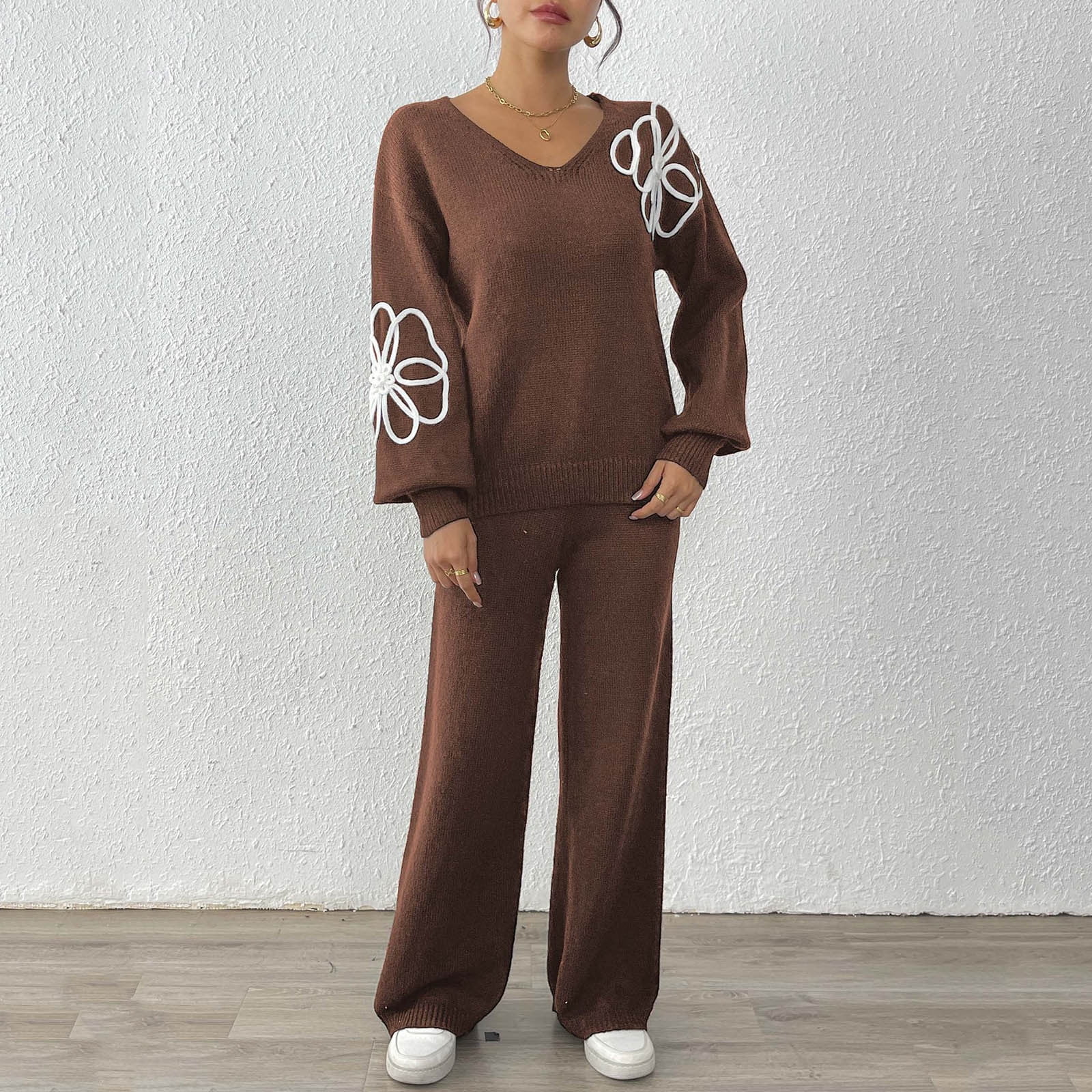 Caywon 2-Piece Women's Knitted V-neck Solid Color Long Sleeve Sweater ...