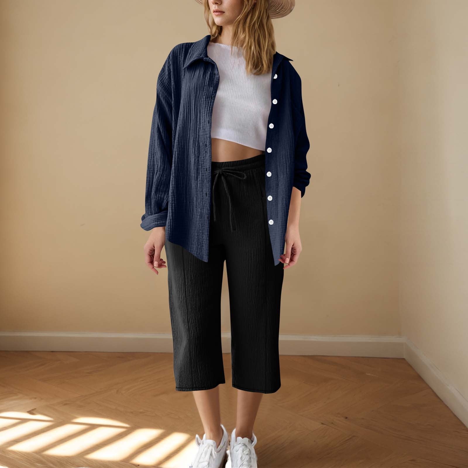 Caywon 2 Piece Women's Outfit Set Long Sleeve Solid Color Linen-Like ...