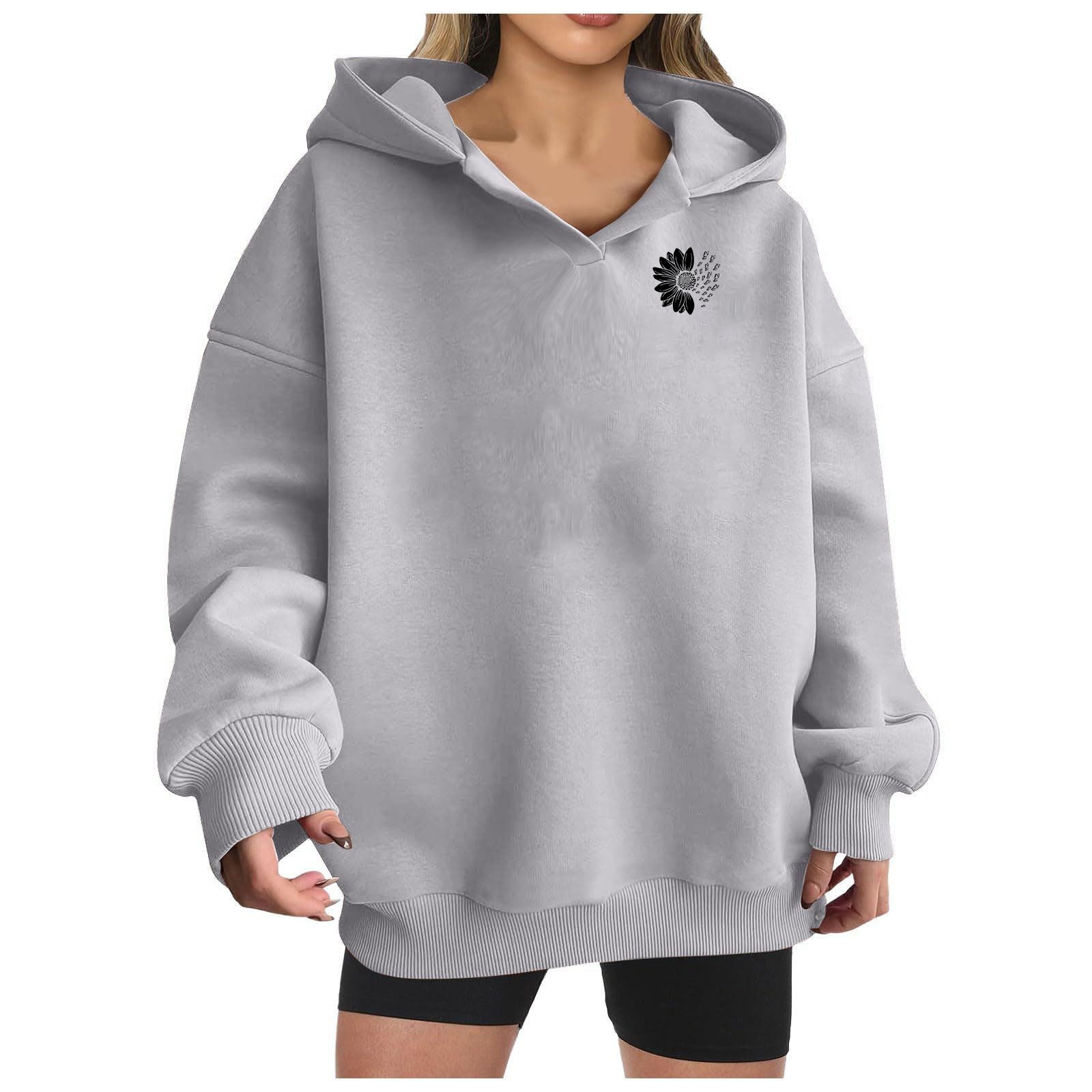 Caywon Casual Loose-Fit V-Neck Hooded Blouse for Women Printed Long ...