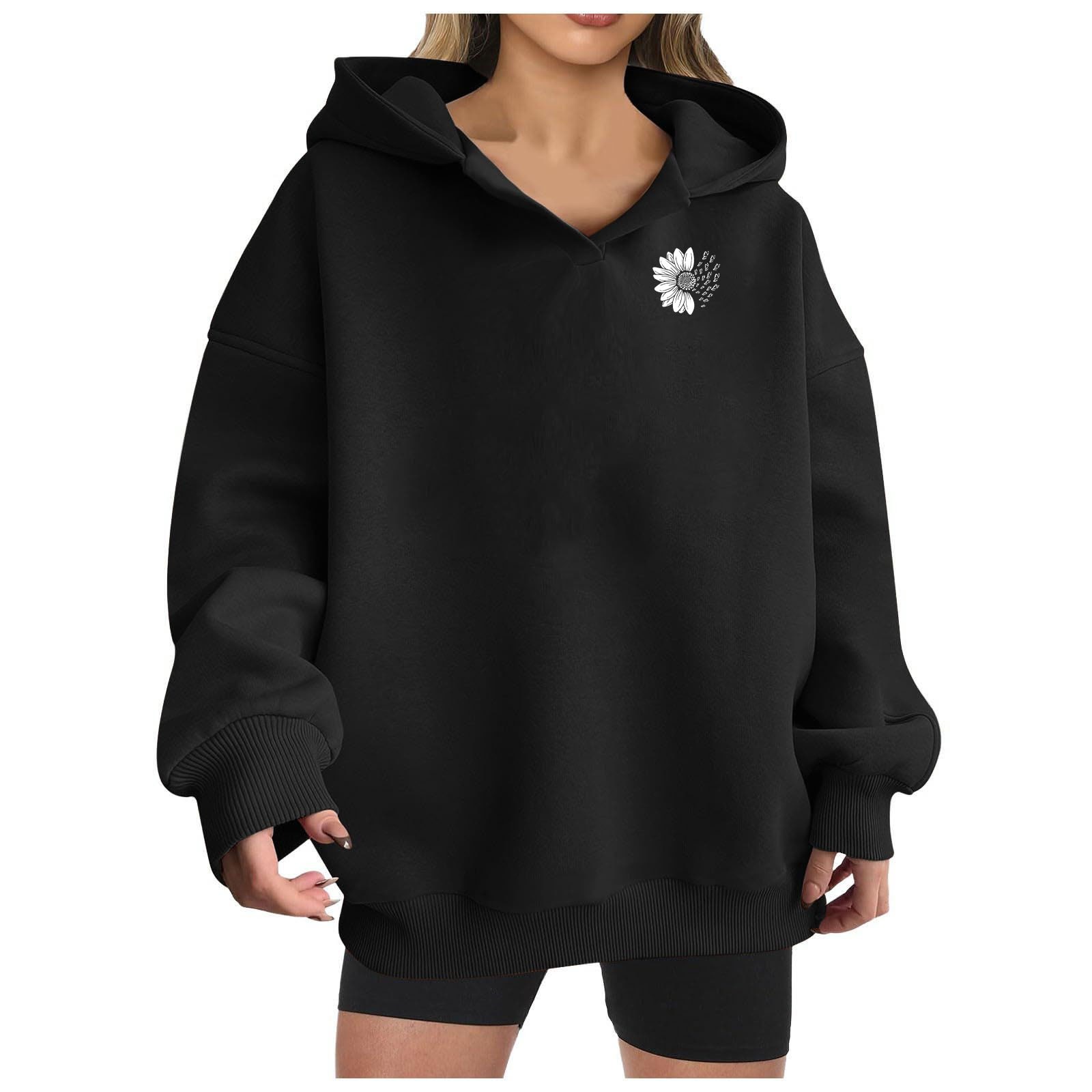 Caywon Casual Loose-Fit V-Neck Hooded Blouse for Women Printed Long ...